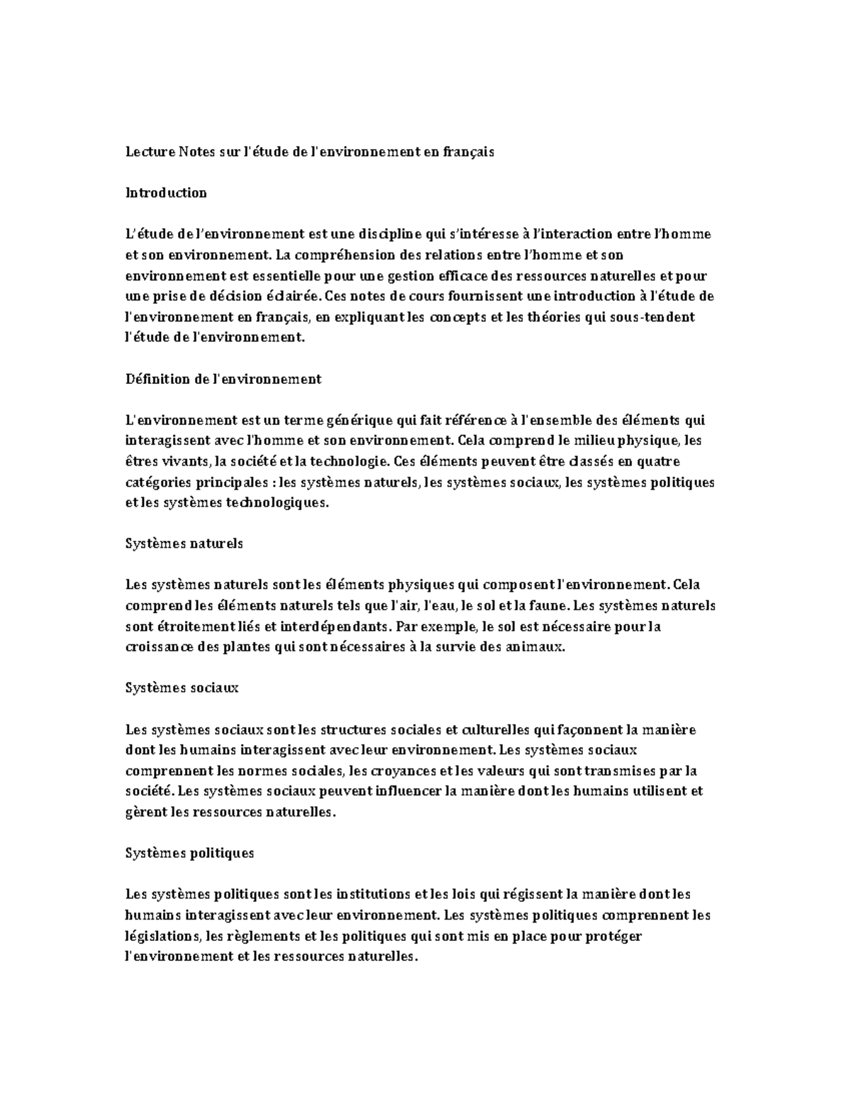 Environmental Studies - Lecture Notes sur l'étude de l'environnement en ...