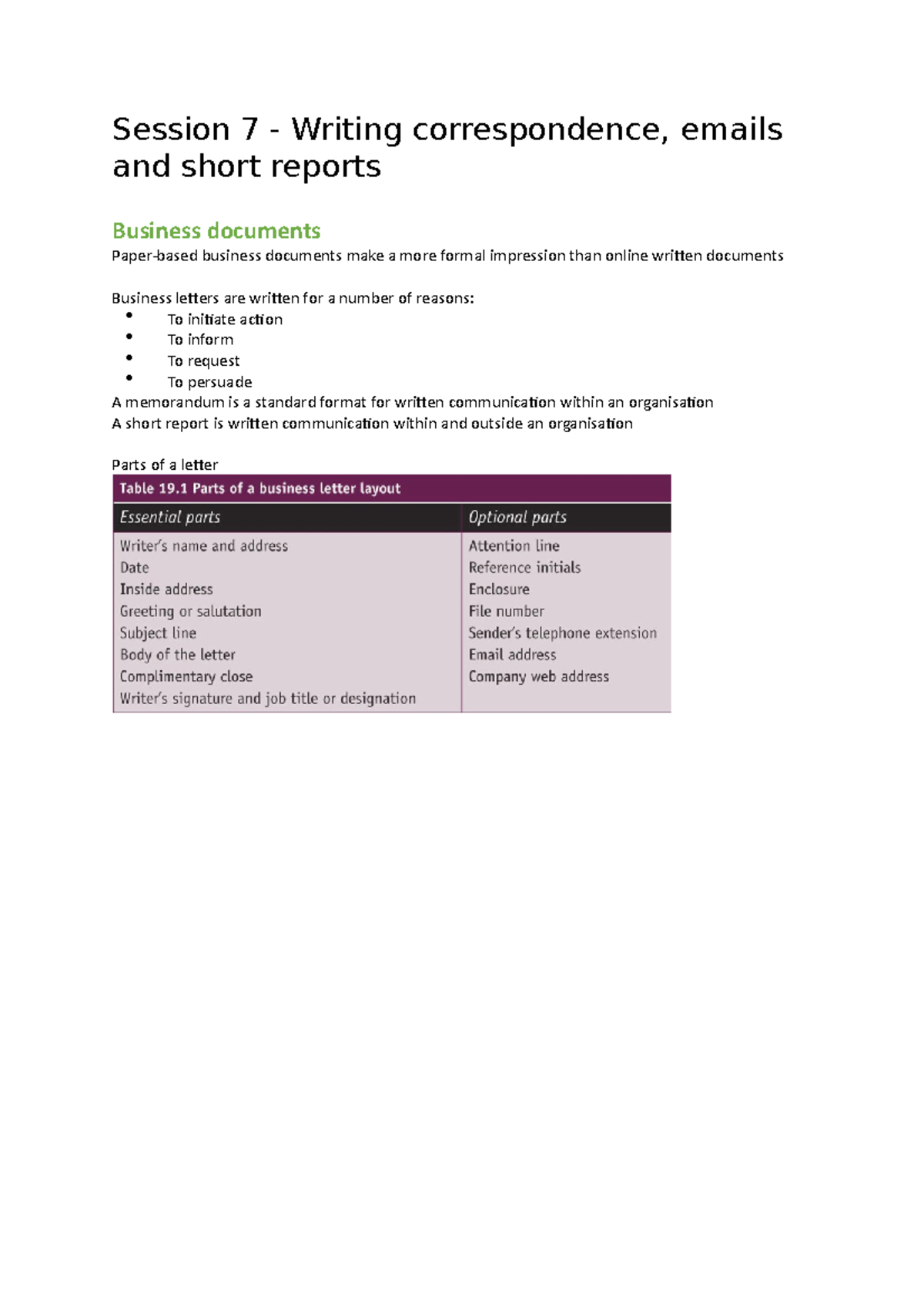 Session 7 - Writing correspondence, emails and short reports - Date The ...
