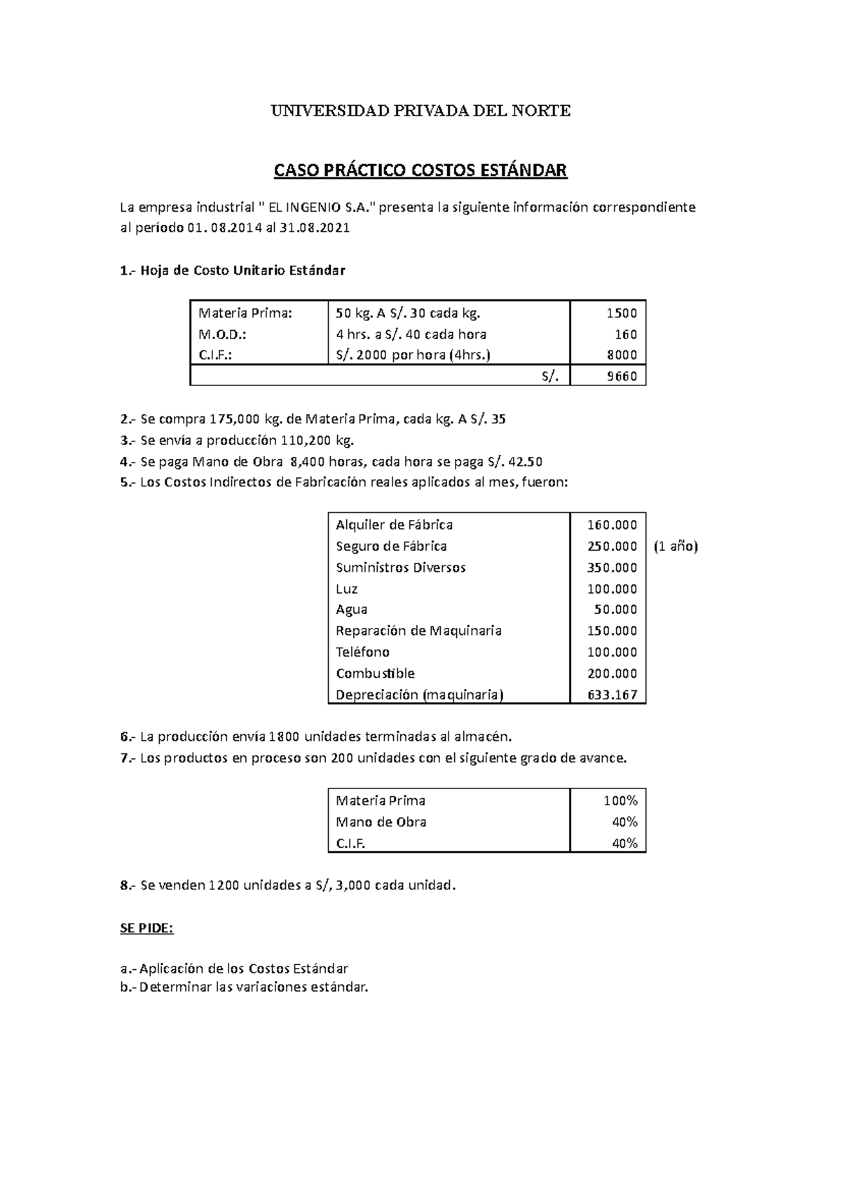 CASO Práctico Costos Estándar - UNIVERSIDAD PRIVADA DEL NORTE CASO PRÁCTICO COSTOS ESTÁNDAR La ...