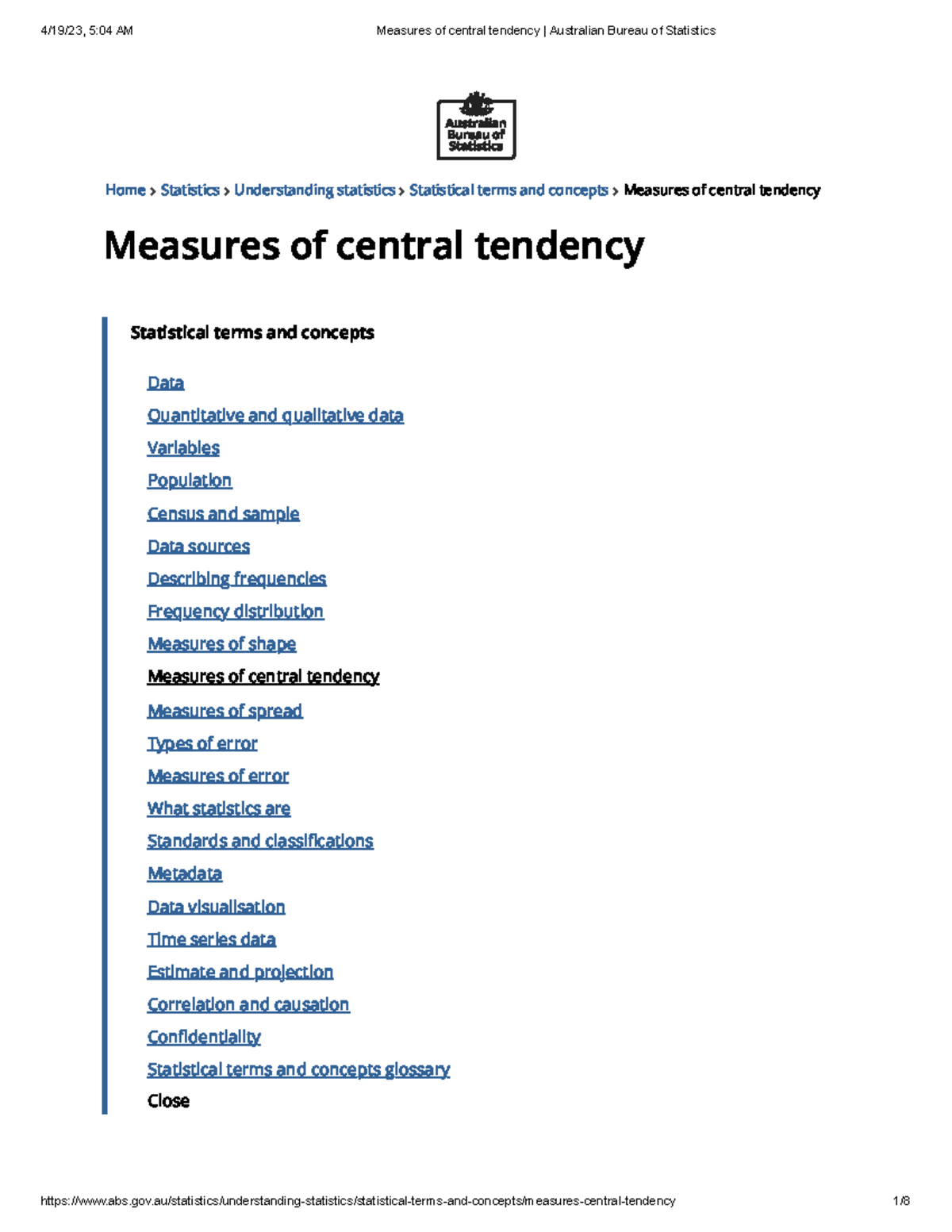 Measures of central tendency Australian Bureau of Statistics - Home ...
