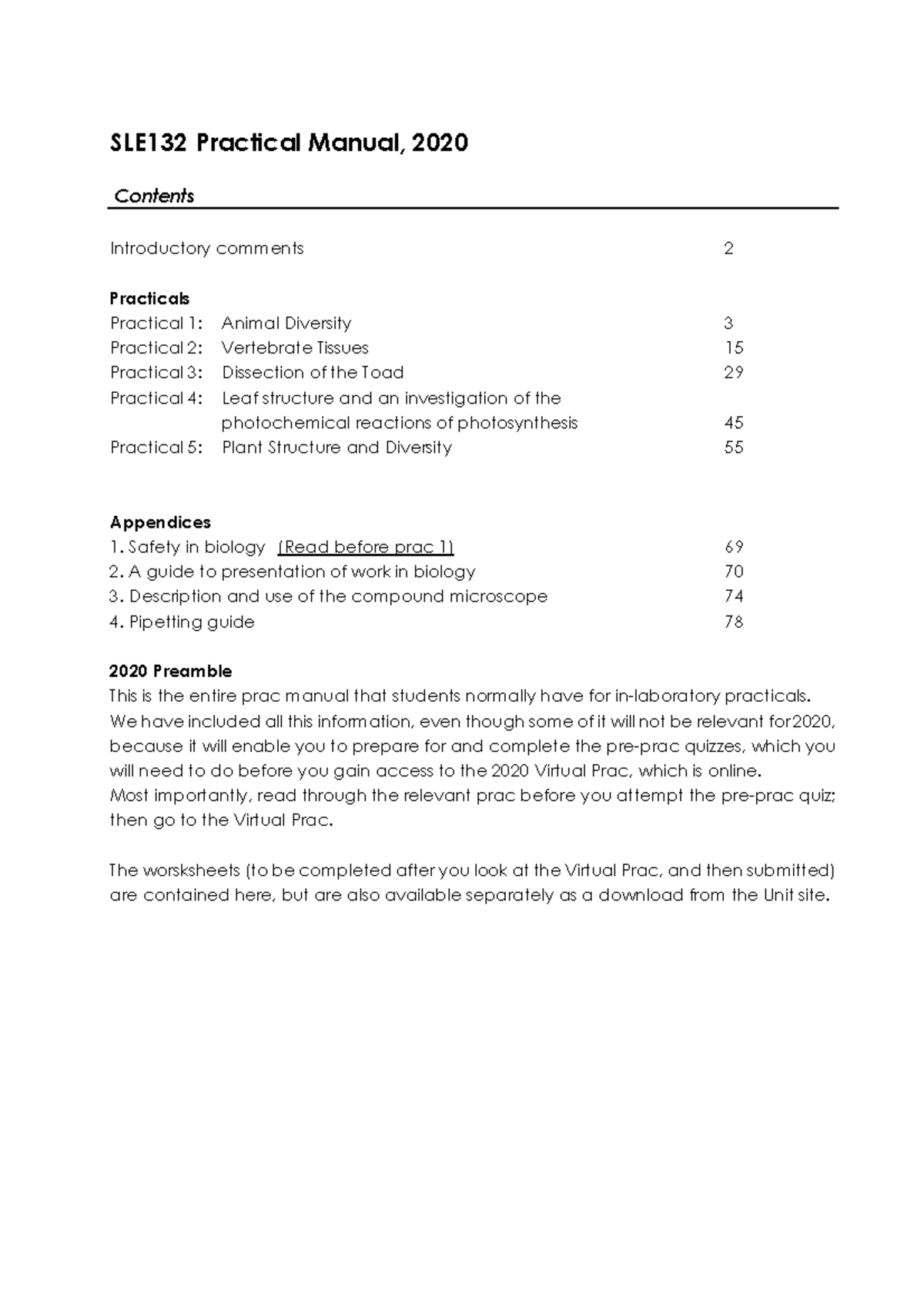 SLE132 Entire Prac Manual 2020 - SLE132 Practical Manual, 2020 Contents ...