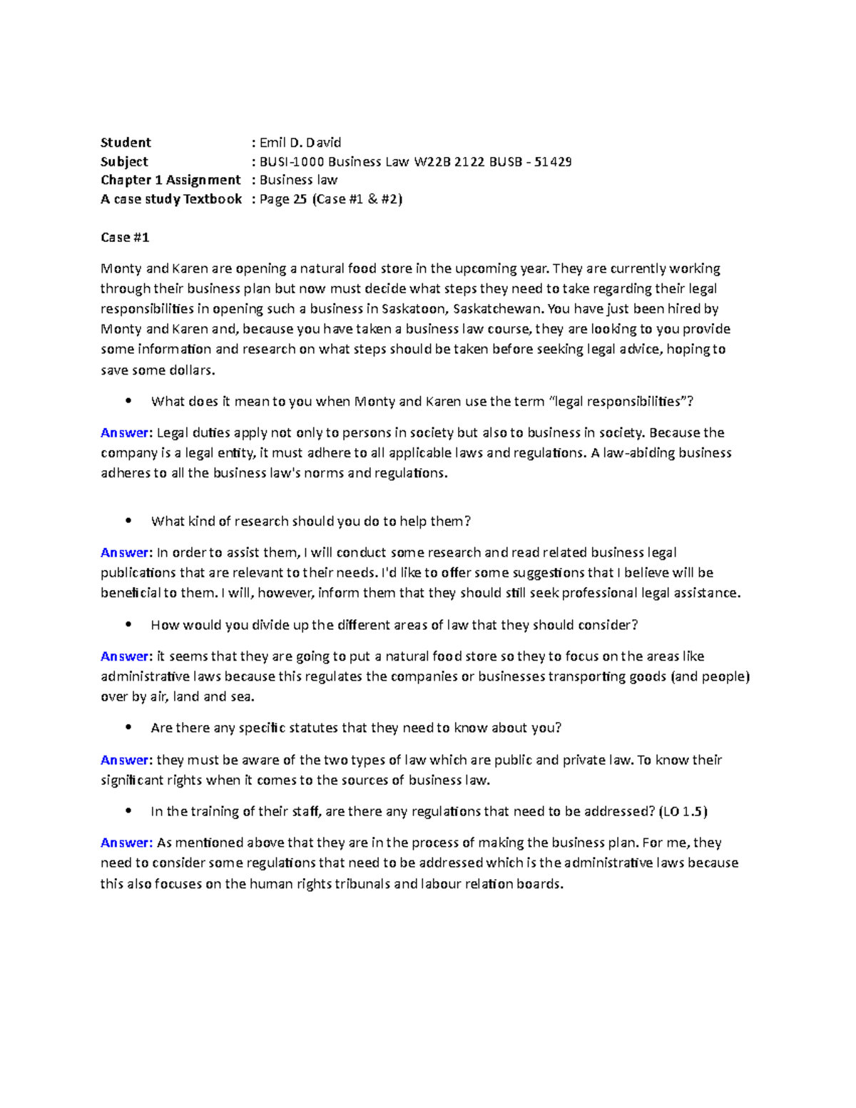 Case #1&2 Studies - Assignment 1 - Business Law 1000 - Studocu