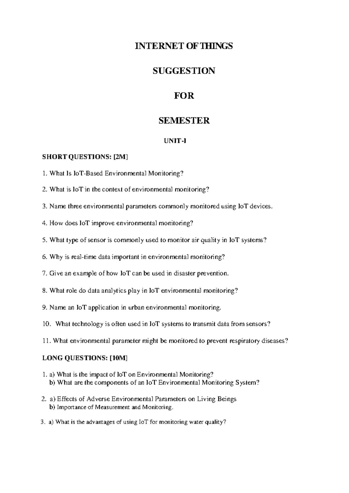 Io T - INTERNET OF THINGS SUGGESTION FOR SEMESTER UNIT-I SHORT ...