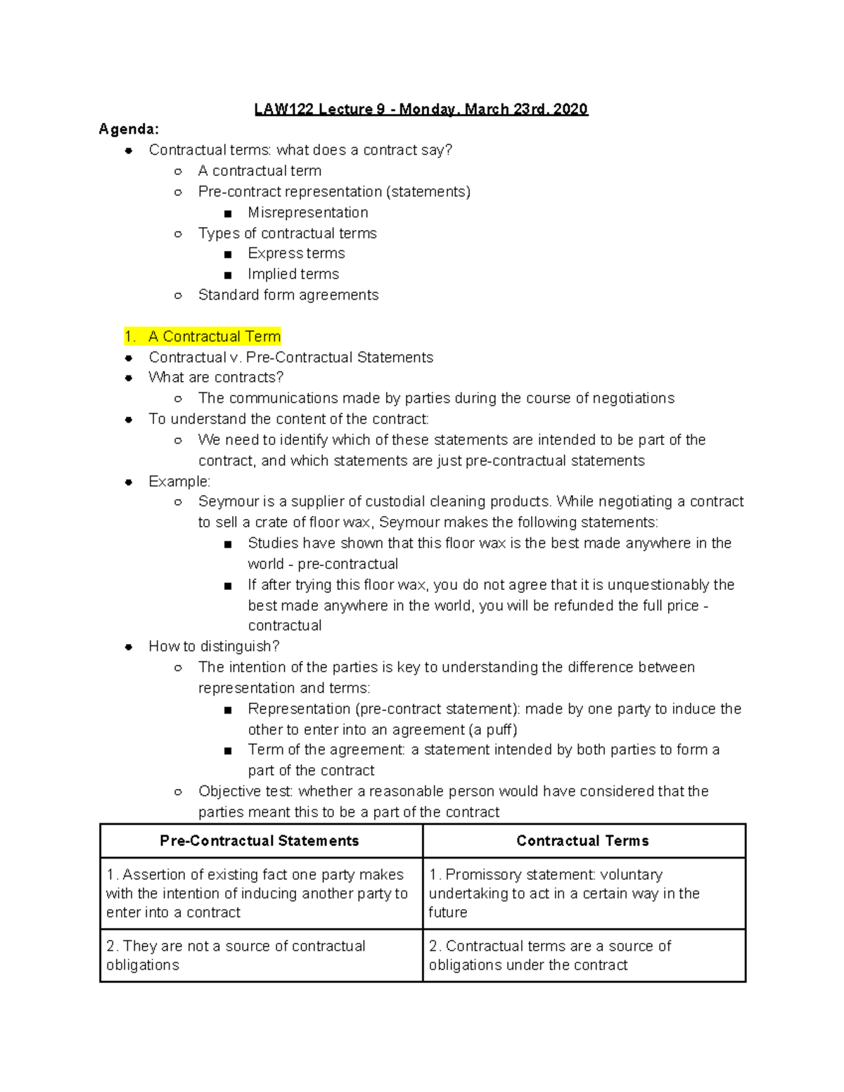LAW122 Lecture 9 - Important notes - LAW122 Lecture 9 - Monday, March ...