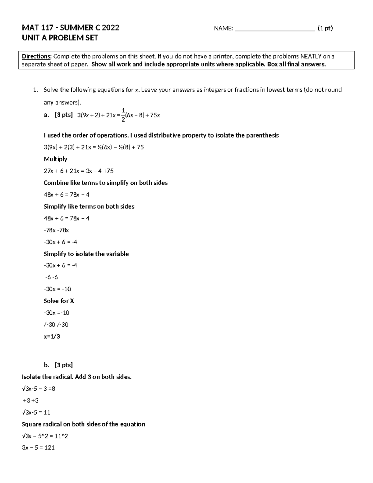 Unit A Problem Set - Assignment answers - MAT 117 - SUMMER C 2022 NAME