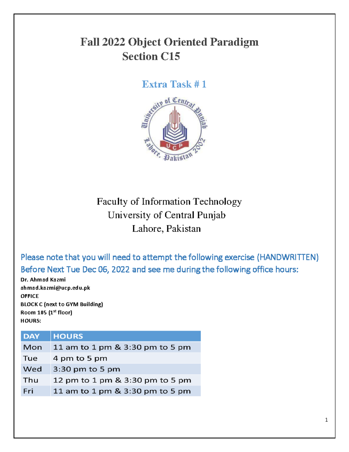 F22 Oop C15 Extra Work One Fall 2022 Object Oriented Paradigm Section C Extra Task 1 Faculty