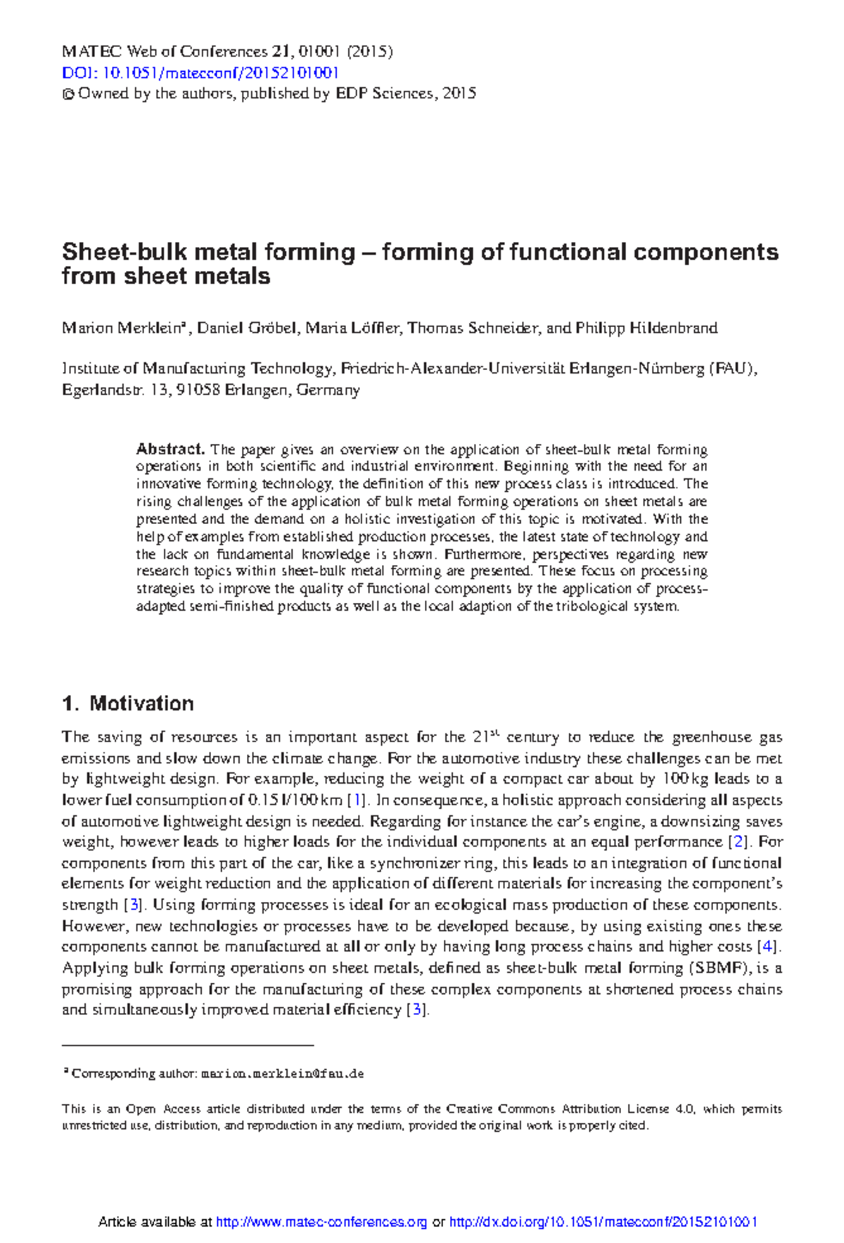 Sheet-bulk metal forming - forming of functional c - MATEC Web of ...