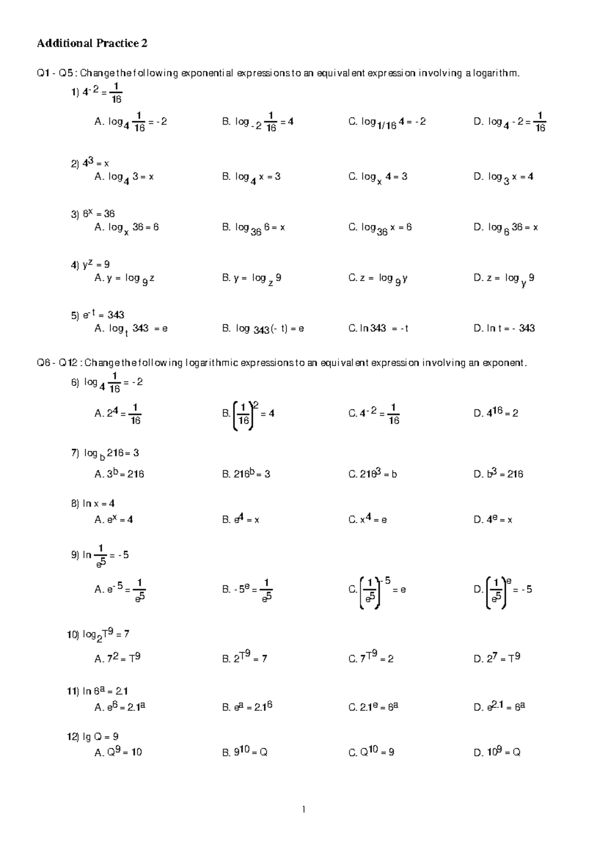 Additional Practice 2 - Q1 - Q5 : Change the following exponential ...