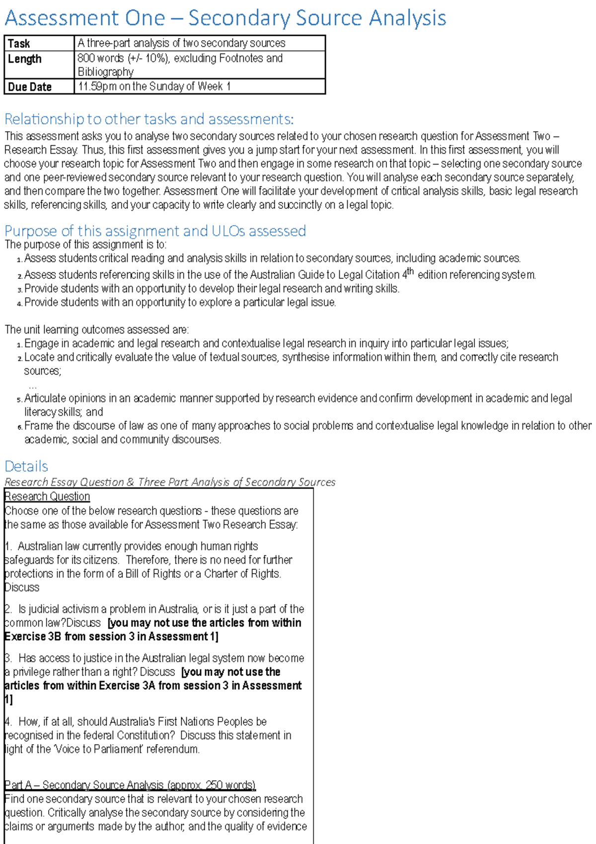 Assessment 1 - Secondary Source Analysis Details - (BLB1114) Legal ...