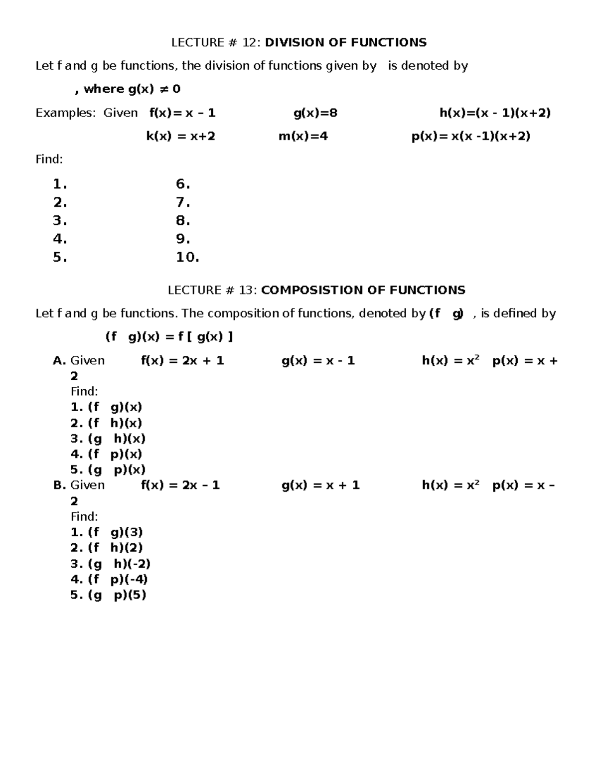 Division-Compostion Functions - LECTURE # 12: DIVISION OF FUNCTIONS Let ...