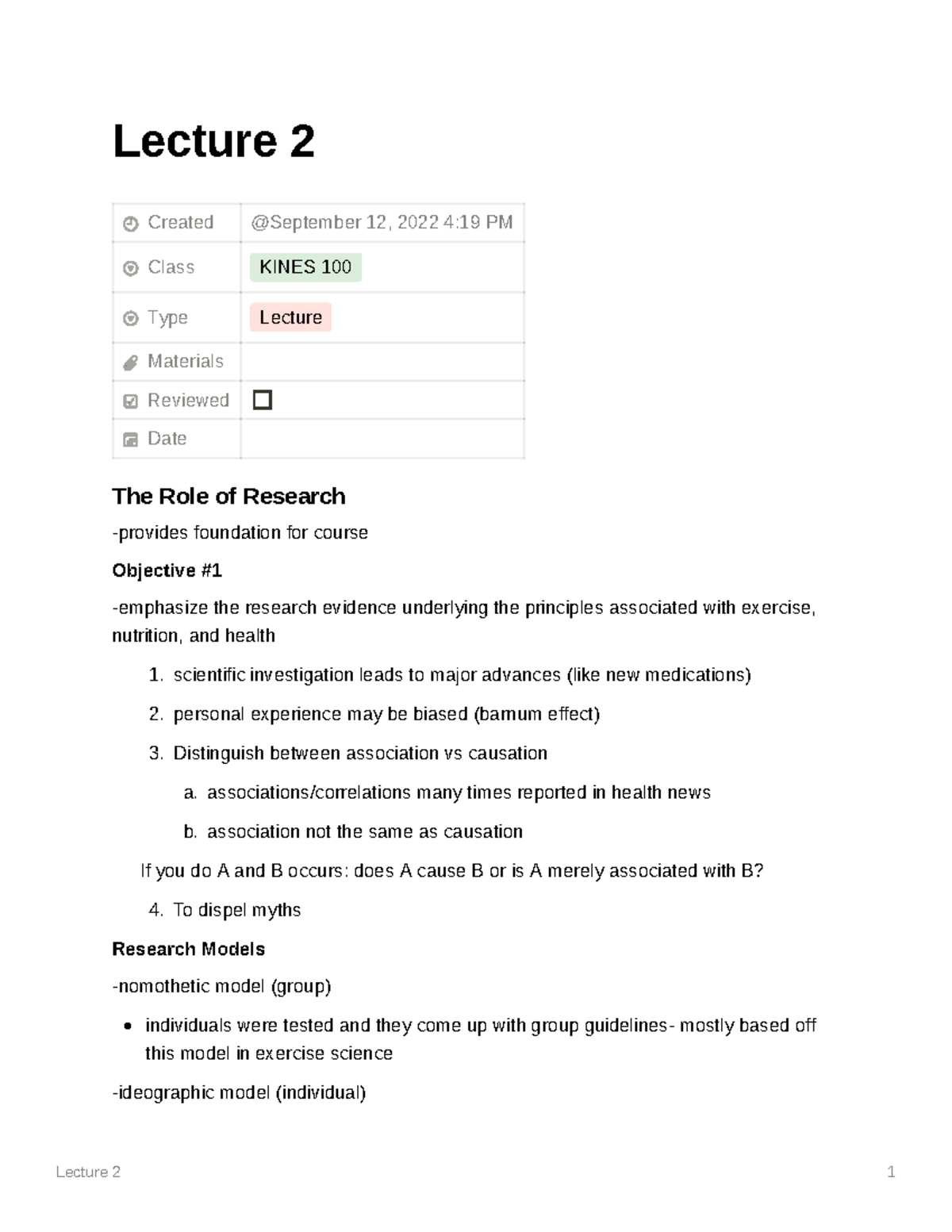 Lecture 2 - Lecture 2 Created Class KINES 100 Type Lecture Materials Reviewed Date The Role of ...