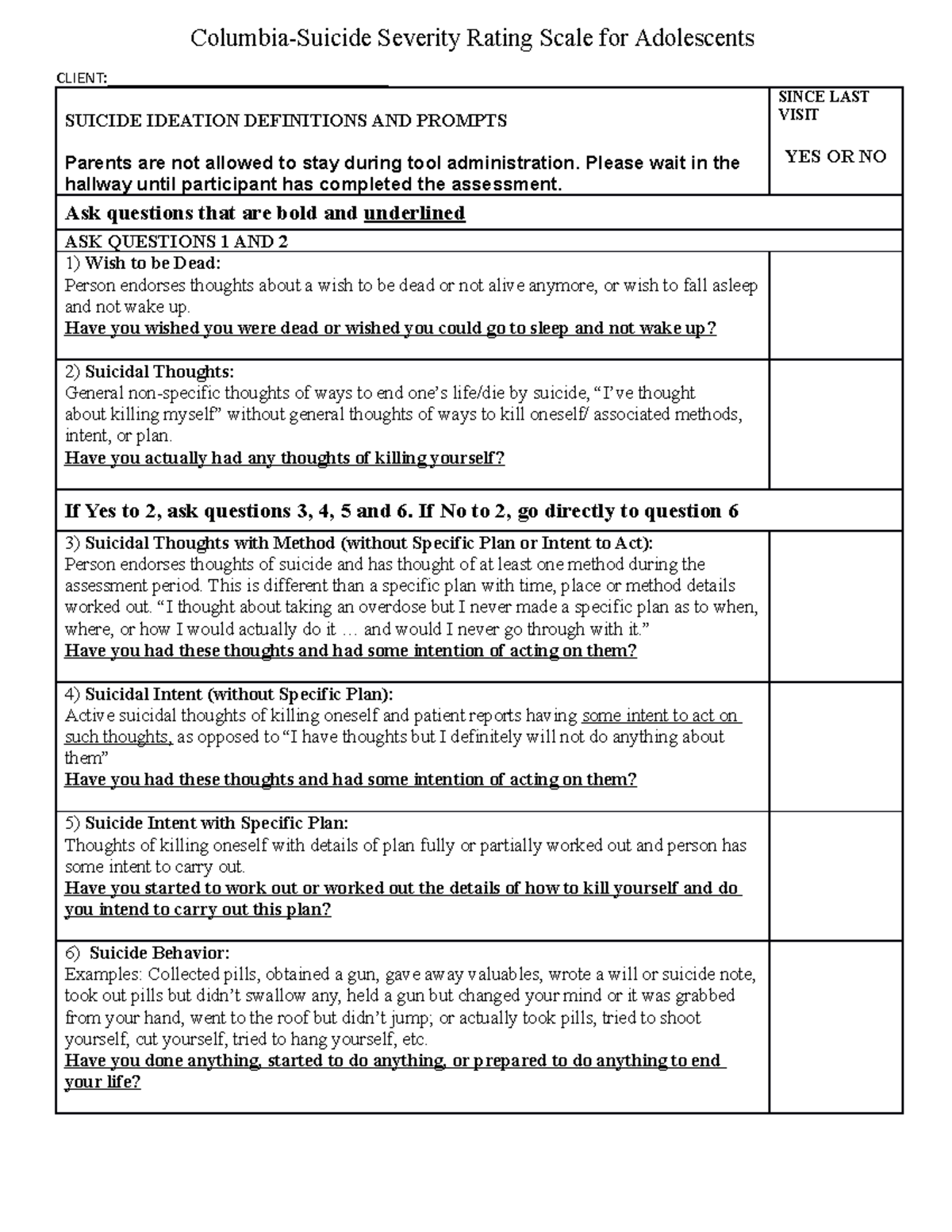 Suicide Assessment (testing) - Columbia-Suicide Severity Rating Scale ...