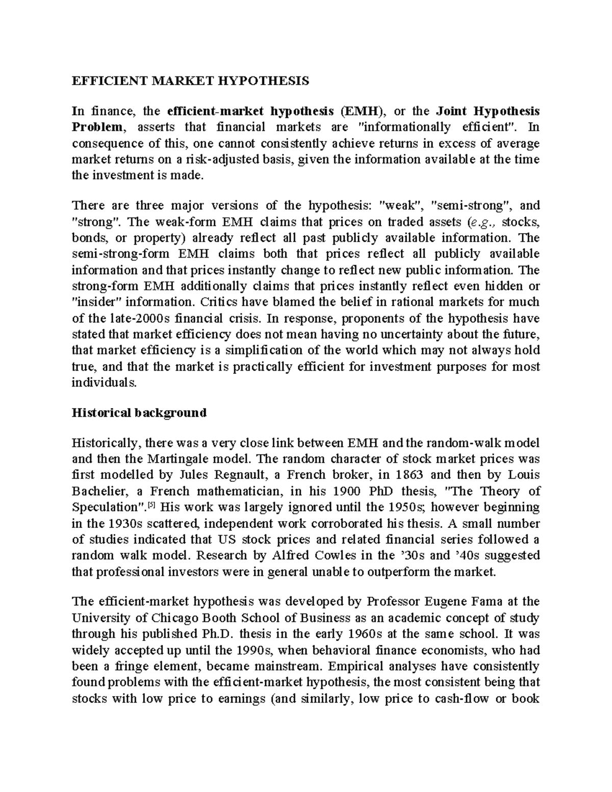 Market hypothesis - EFFICIENT MARKET HYPOTHESIS In finance, the ...