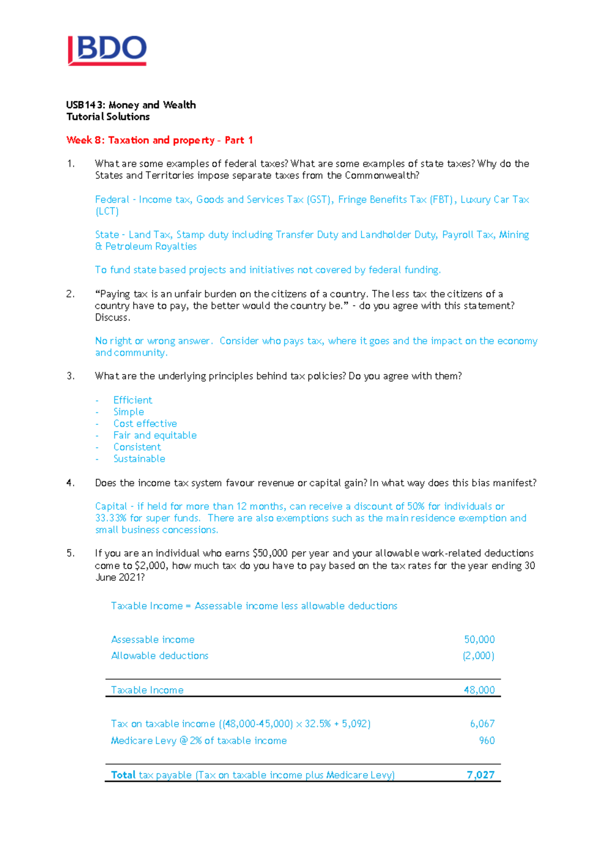 USB143 Tutorial 8 Solutions - USB143: Money and Wealth Tutorial ...