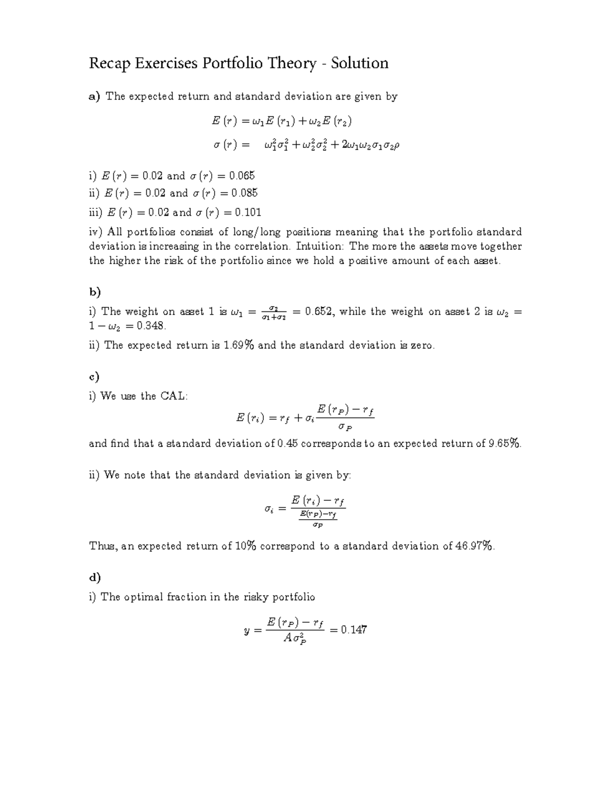Recap PF-Solution - Sol - Recap Exercises Portfolio Theory - Solution a ...