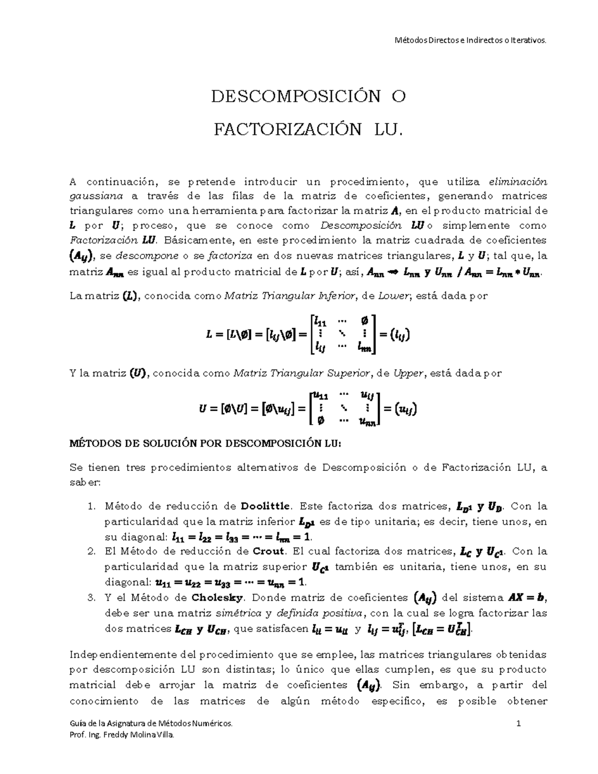 DescomposicióN- FactorizacióN LU - Métodos Directos e Indirectos o Iterativos. Guía de la - Studocu