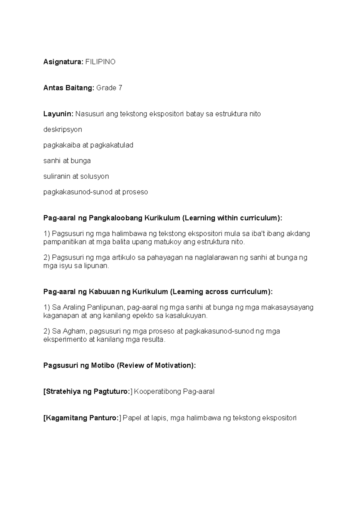 Lesson plan - SANHI AT BUNGA - Asignatura: FILIPINO Antas Baitang ...