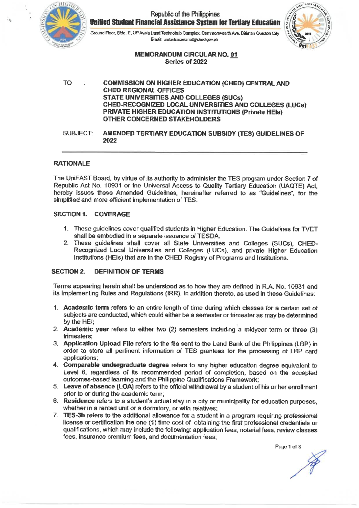 Uni FAST MC012022 - TES FORM – Annex 3REPUBLIC OF THE PHILIPPINES ...