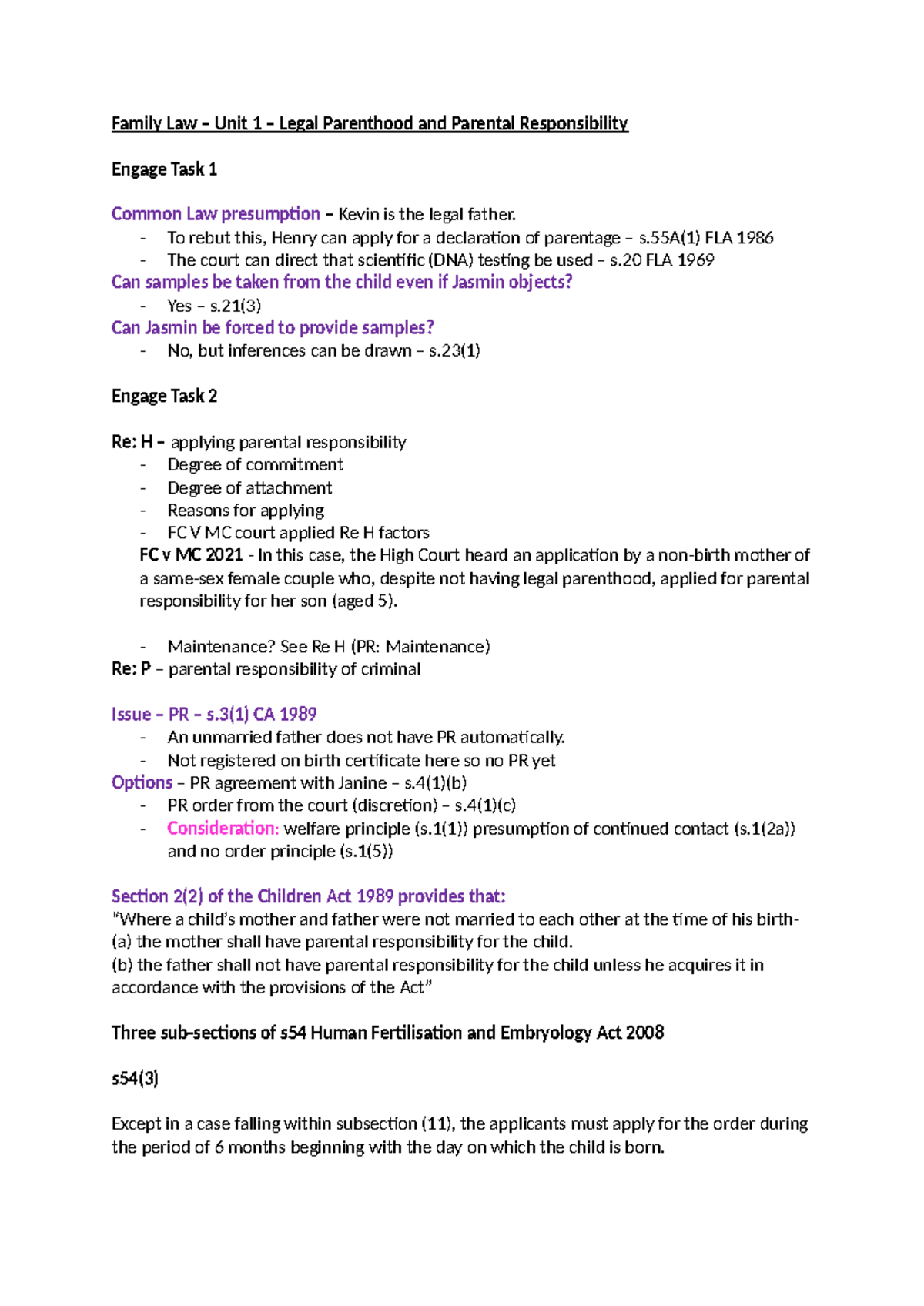 Family Law - Unit 1 - Legal Parenthood and Parental Responsibility ...