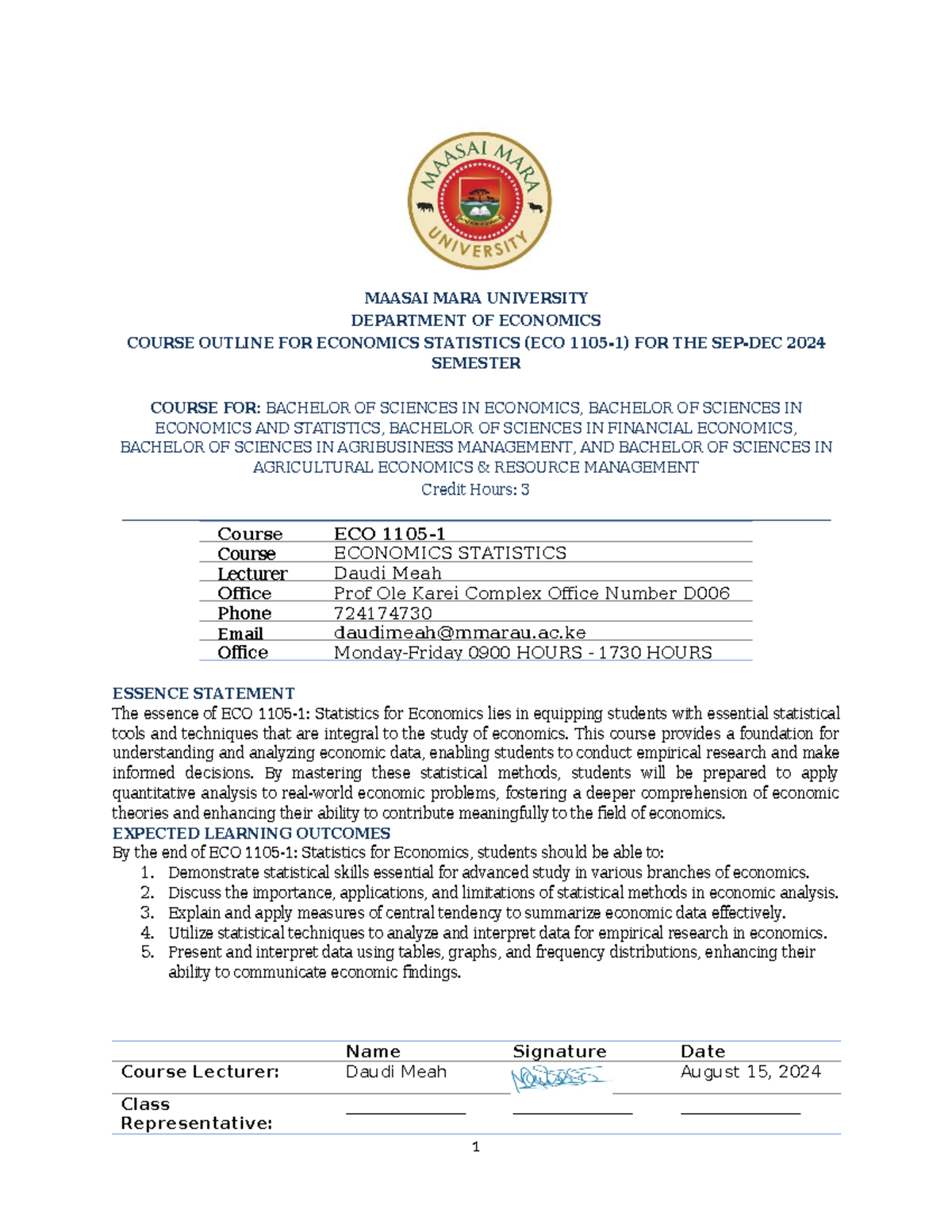 ECO 1105-1 Course Outline - MAASAI MARA UNIVERSITY DEPARTMENT OF ...