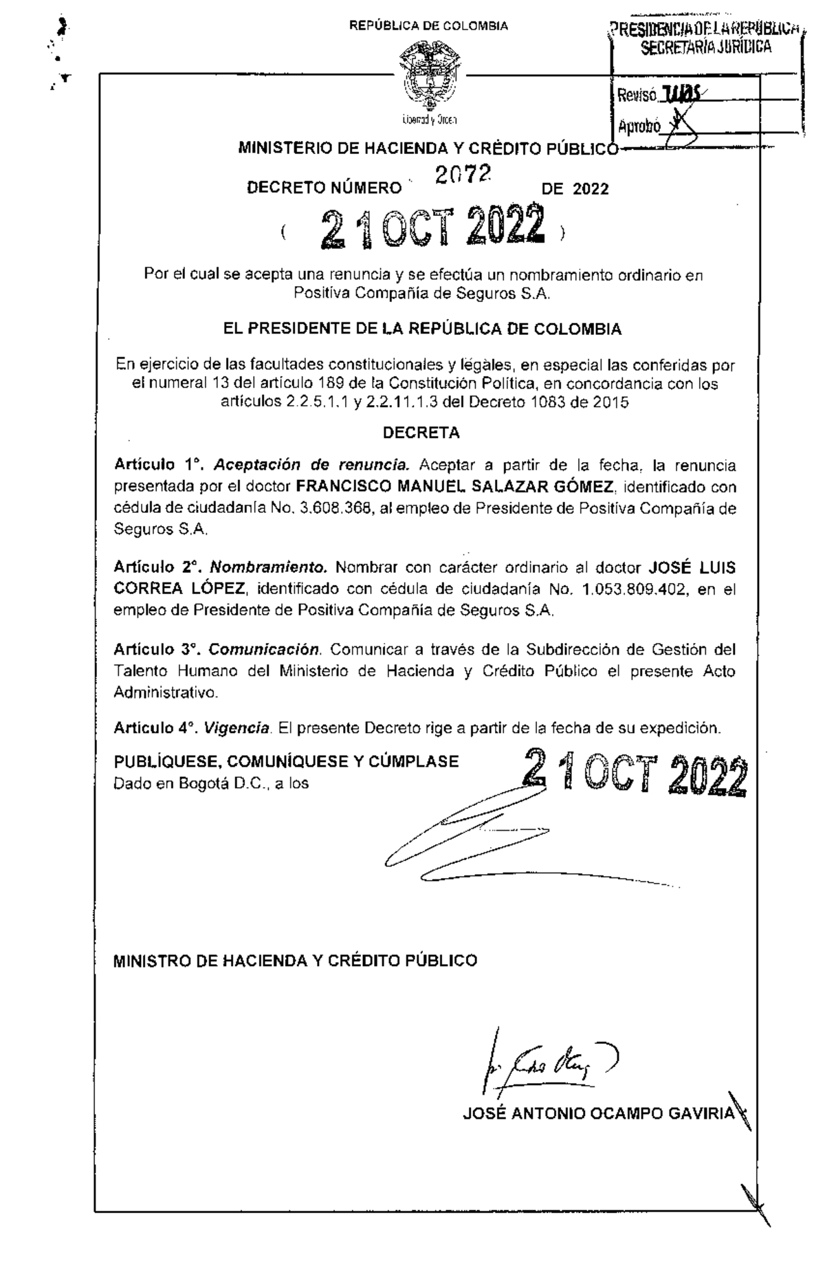 Decreto 2072 DEL 21 DE Octubre DE 2022 - • REPÚBLICA DE COLOMBIA ...