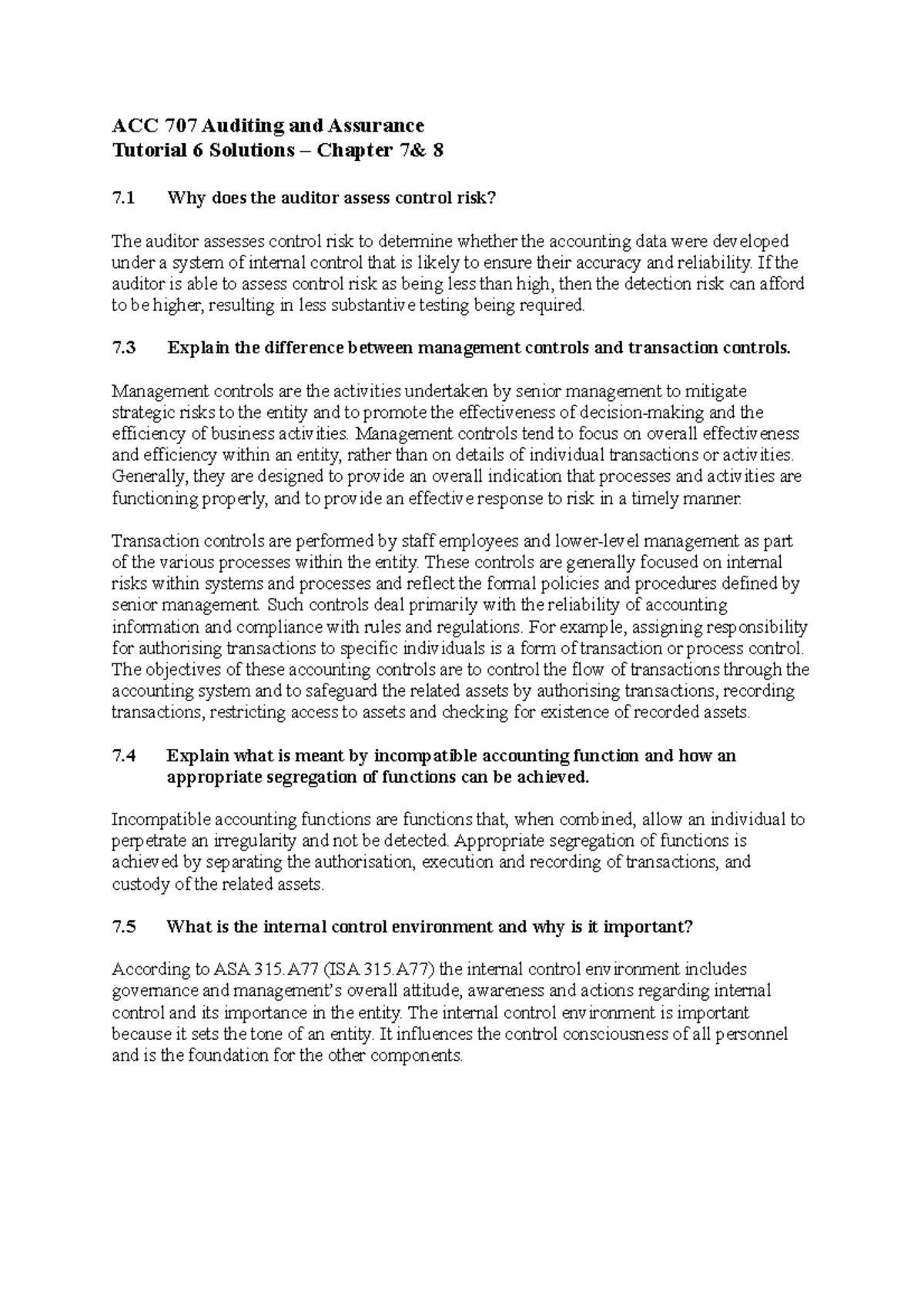 Tutorial 6 Assurance and Auditing Solutions Ch 7 8 - ACC 707 Auditing and Assurance Tutorial 6 ...