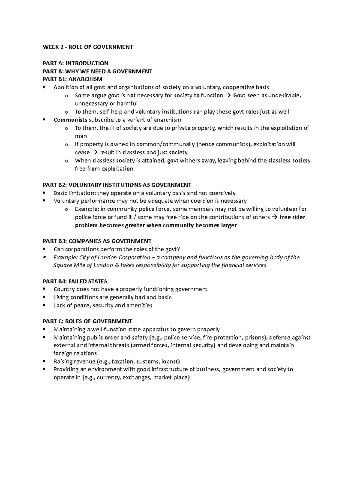 Week 3 - notes - WEEK 2 - ROLE OF GOVERNMENT PART A: INTRODUCTION PART ...