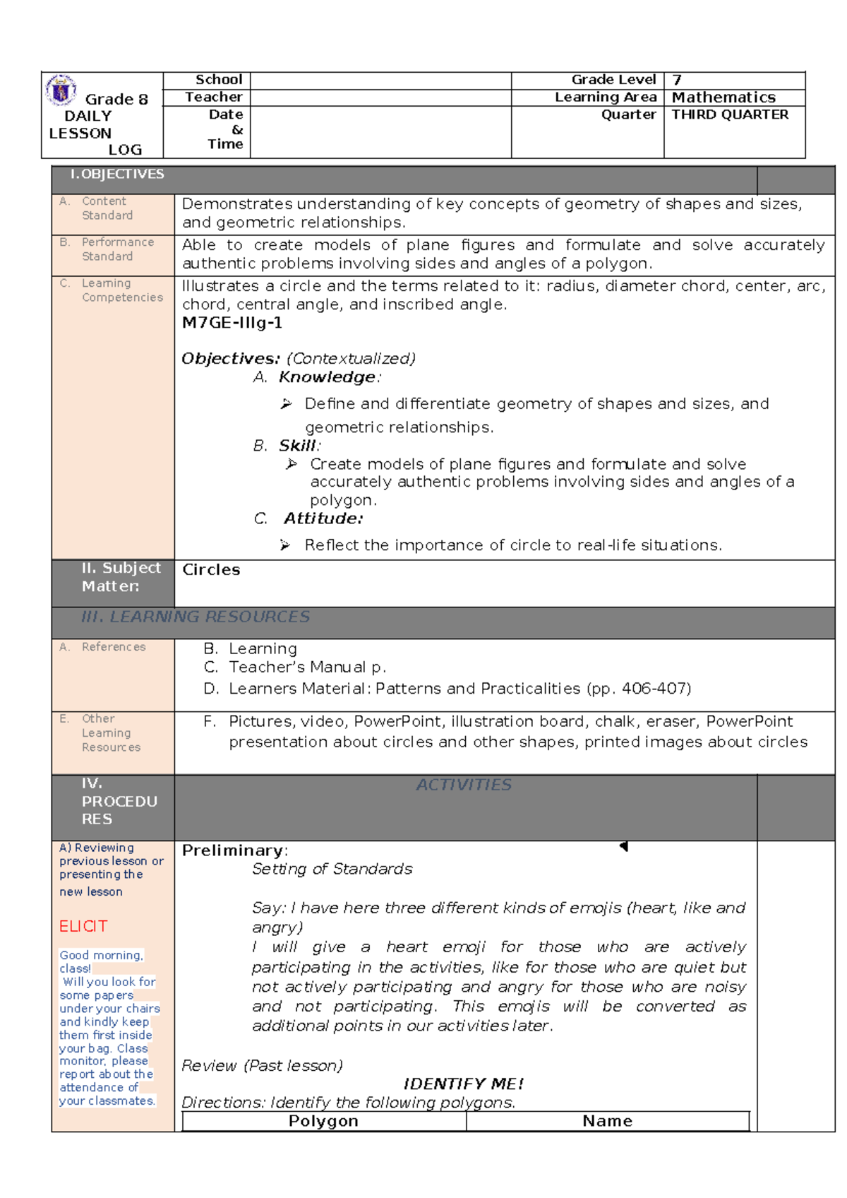 MATH 7 Circles - Lesson Plan - Grade 8 DAILY LESSON LOG School Grade ...