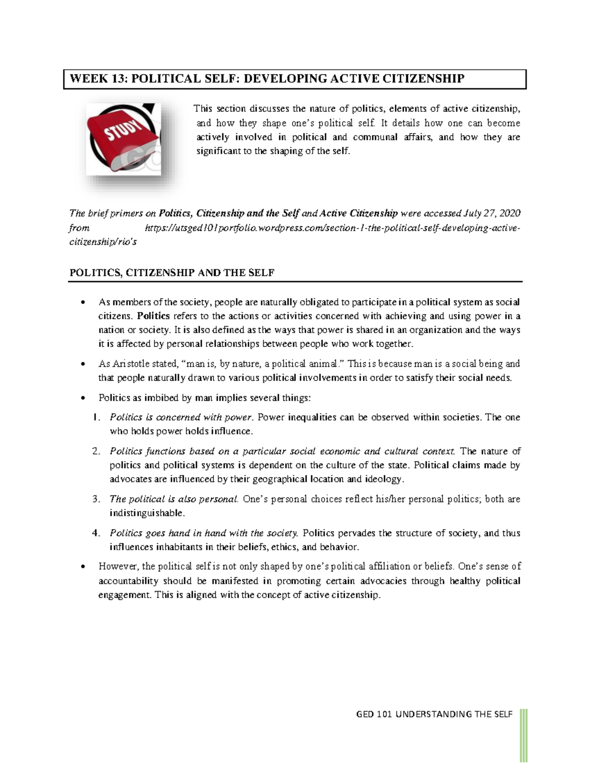 CHAPTER 13: POLITICAL SELF: DEVELOPING ACTIVE CITIZENSHIP - GED 101 ...