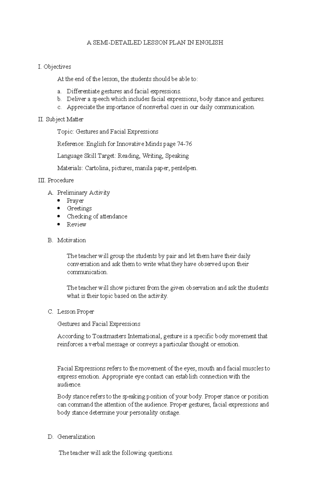 Semi detailed lesson plan - A SEMI-DETAILED LESSON PLAN IN ENGLISH I ...