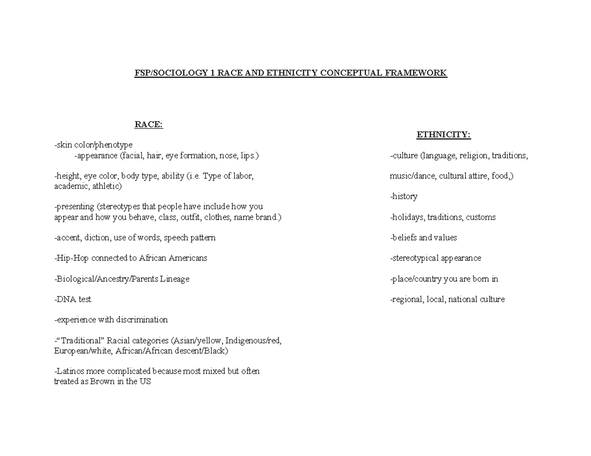 FSP SOC RACE & Ethnicity Handout - FSP/SOCIOLOGY 1 RACE AND ETHNICITY ...