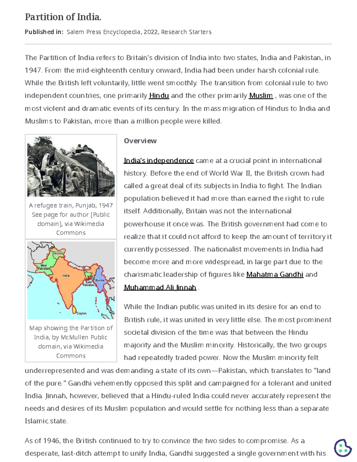 Partition of India. - Ebsco - A refugee train, Punjab, 1947 See page ...
