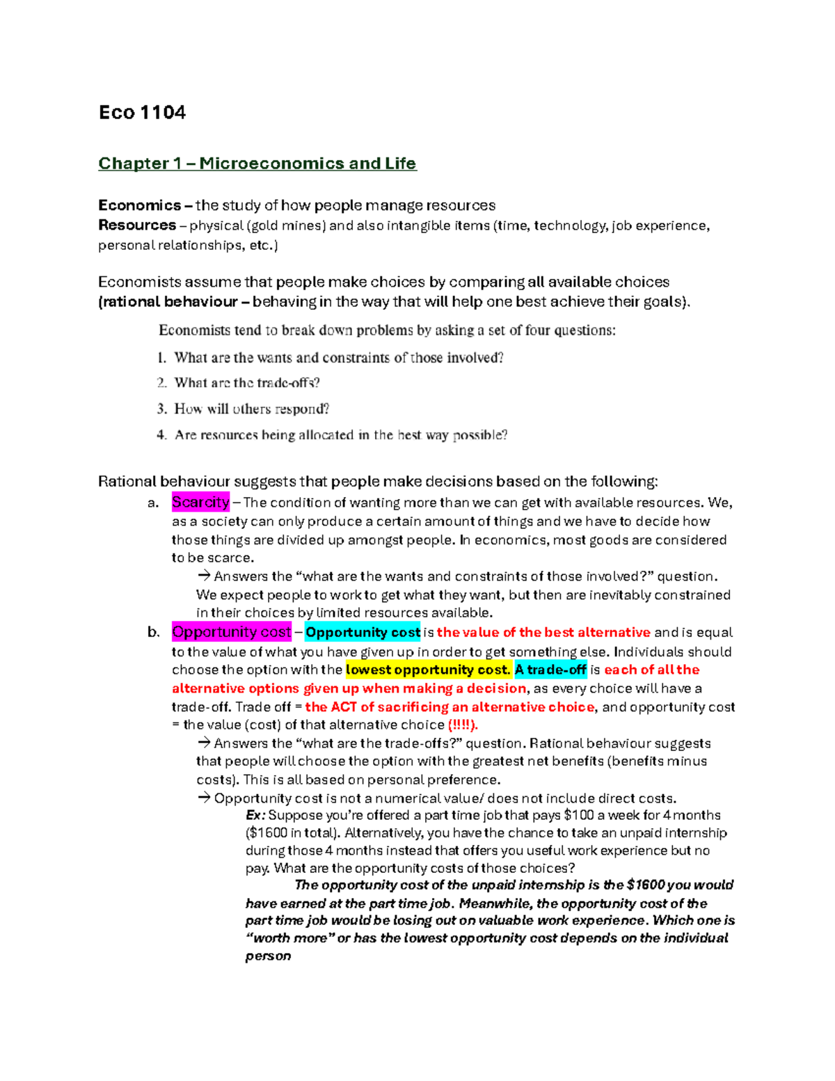 Eco 1104 copy - yuh - Eco 1104 Chapter 1 – Microeconomics and Life Economics – the study of how ...