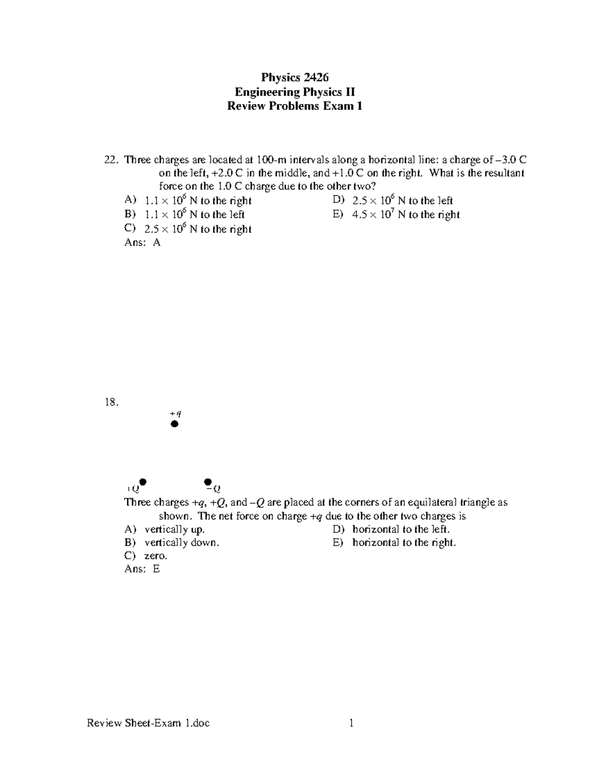 Review Sheet-2426-Exam 1 - Physics 2426 Engineering Physics II Review ...