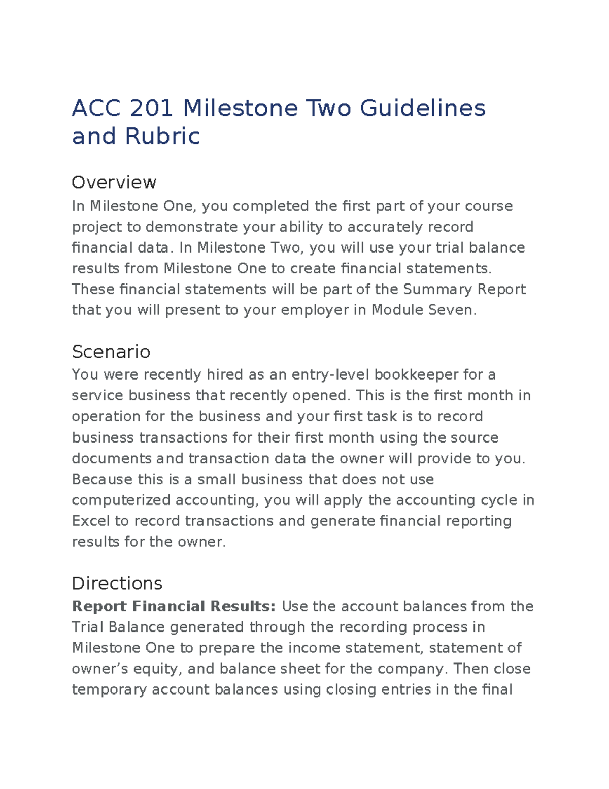 ACC 201 Milestone Two Guidelines and Rubric - ACC 201 Milestone Two ...