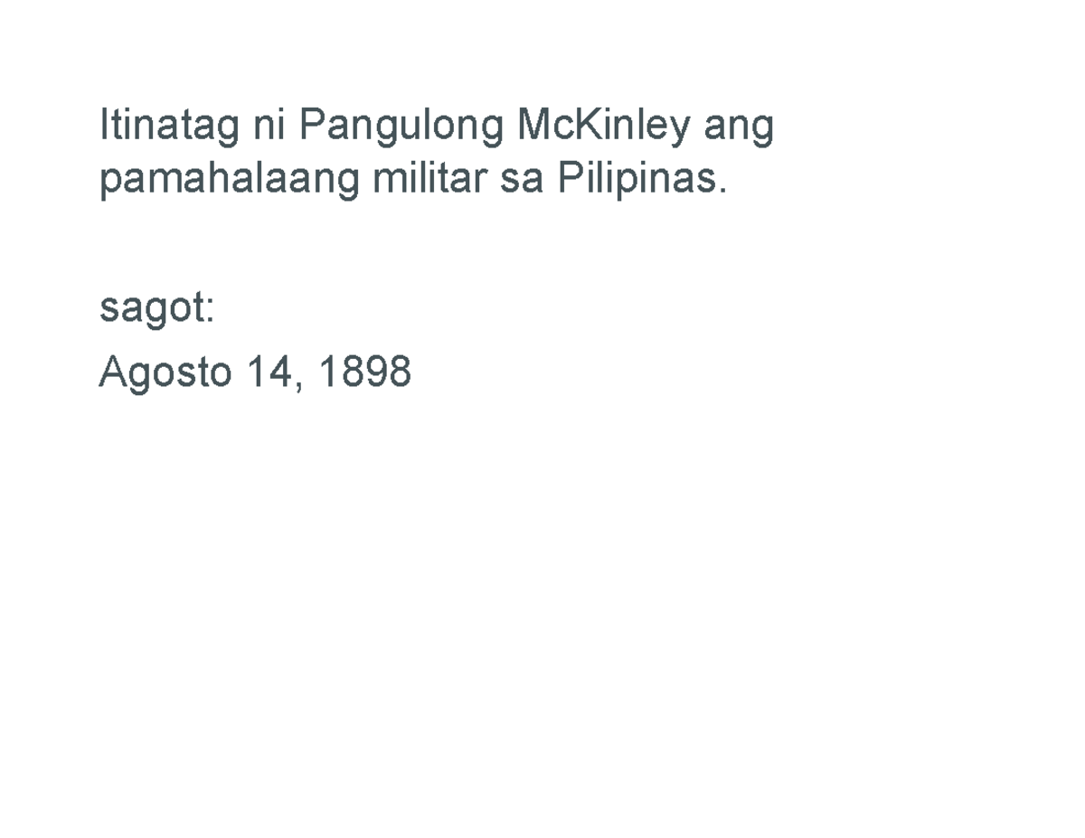 Mga Plaskard - REFERENCE - Itinatag ni Pangulong McKinley ang ...