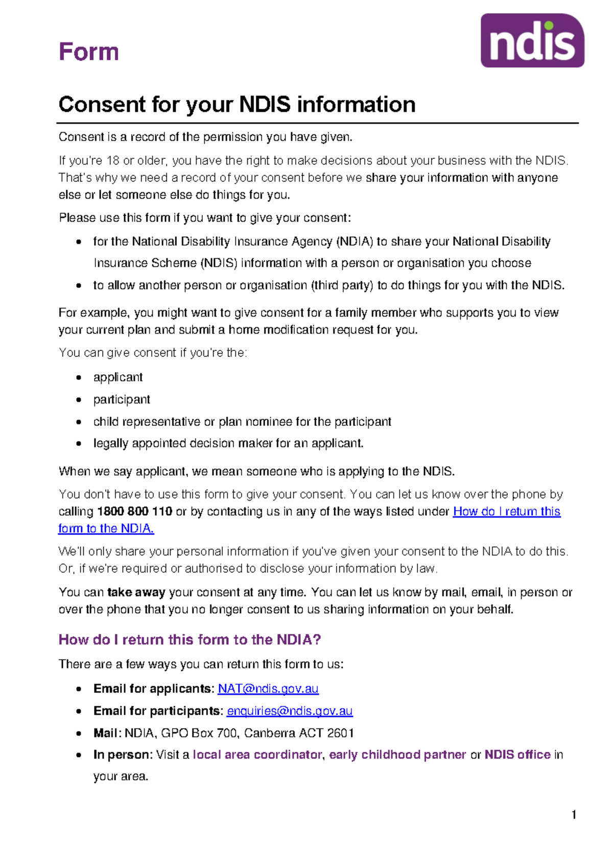 Third part consent form - Consent for your NDIS information Consent is a record of the ...