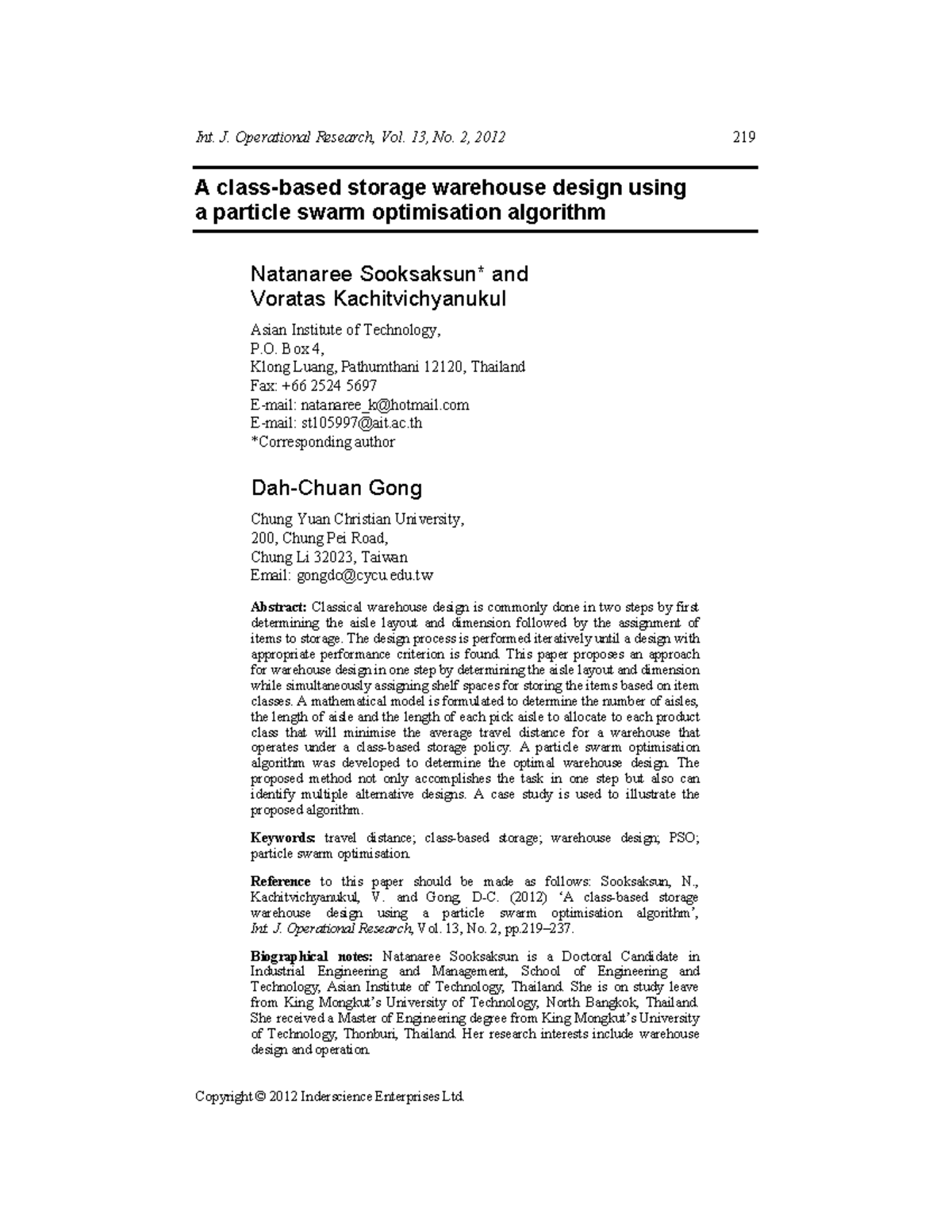 A Class Based Storage Warehouse Design u - Int. J. Operational Research ...