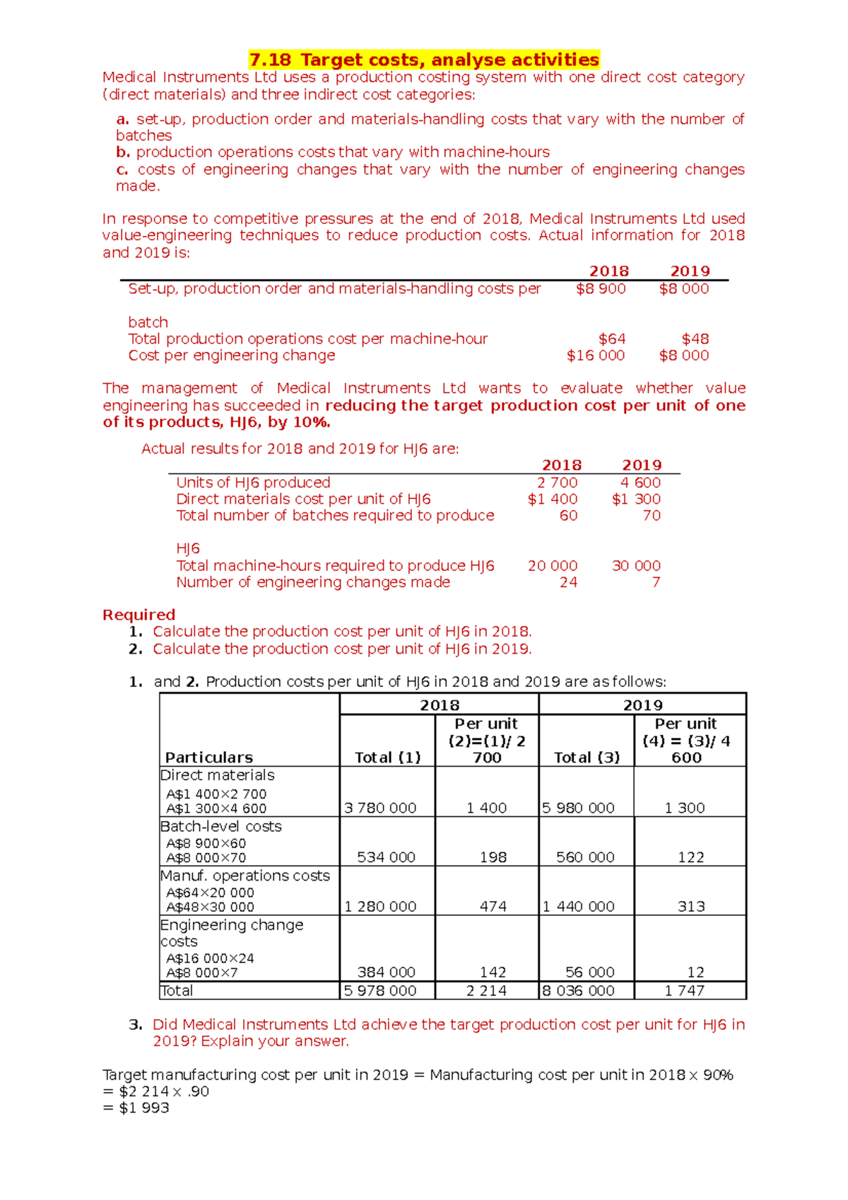 Cost Ana - Tutorial 7 (W6) (Life Cycle) - 7 Target costs, analyse ...