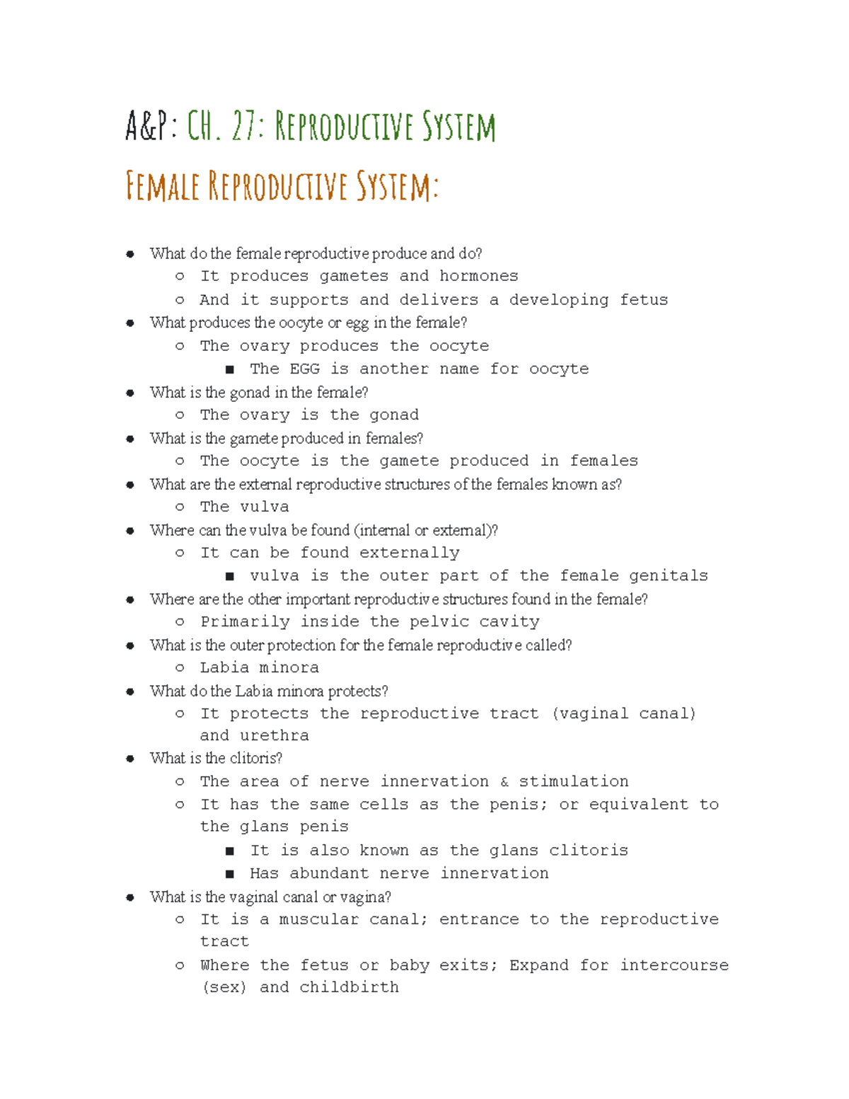 Aand P Female Reproductive System - A&P: CH. 27: Reproductive System ...