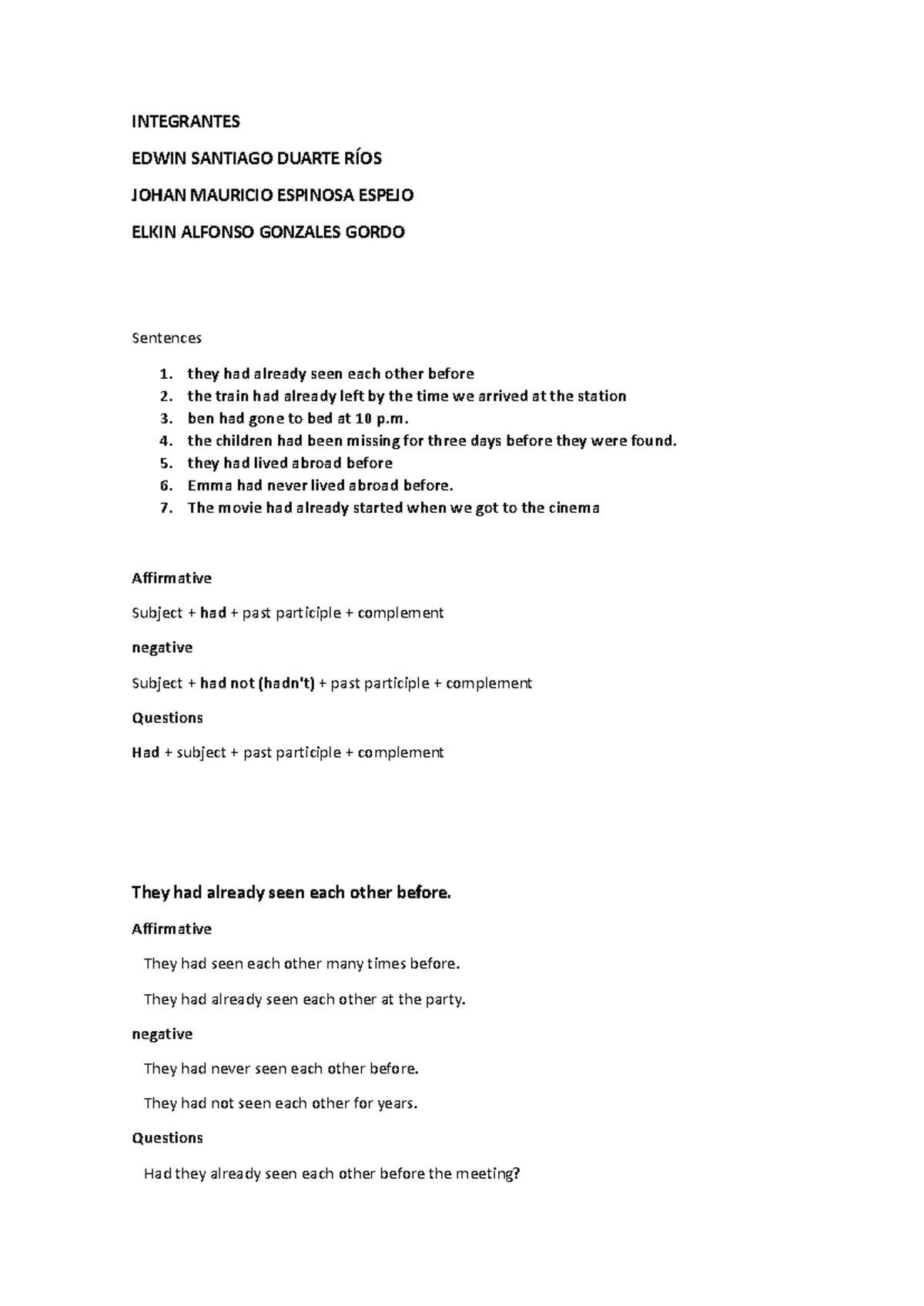 Pasado Perfecto - INTEGRANTES EDWIN SANTIAGO DUARTE RÍOS JOHAN MAURICIO ...