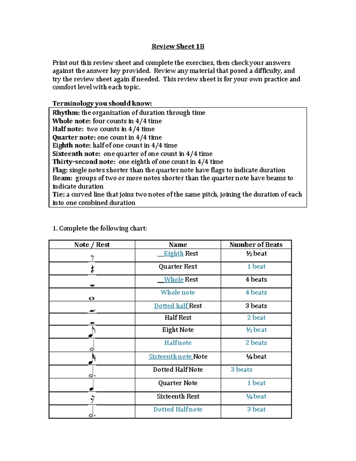 Mus101 Review Sheet 1B Answer Key - Review Sheet 1B Print out this ...