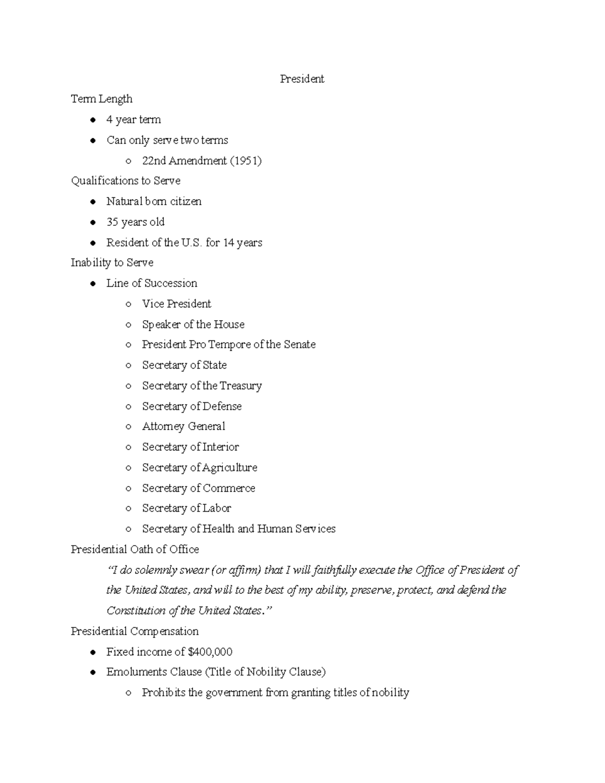 09 23 Executive Branch Notes - President Term Length 4 year term Can ...