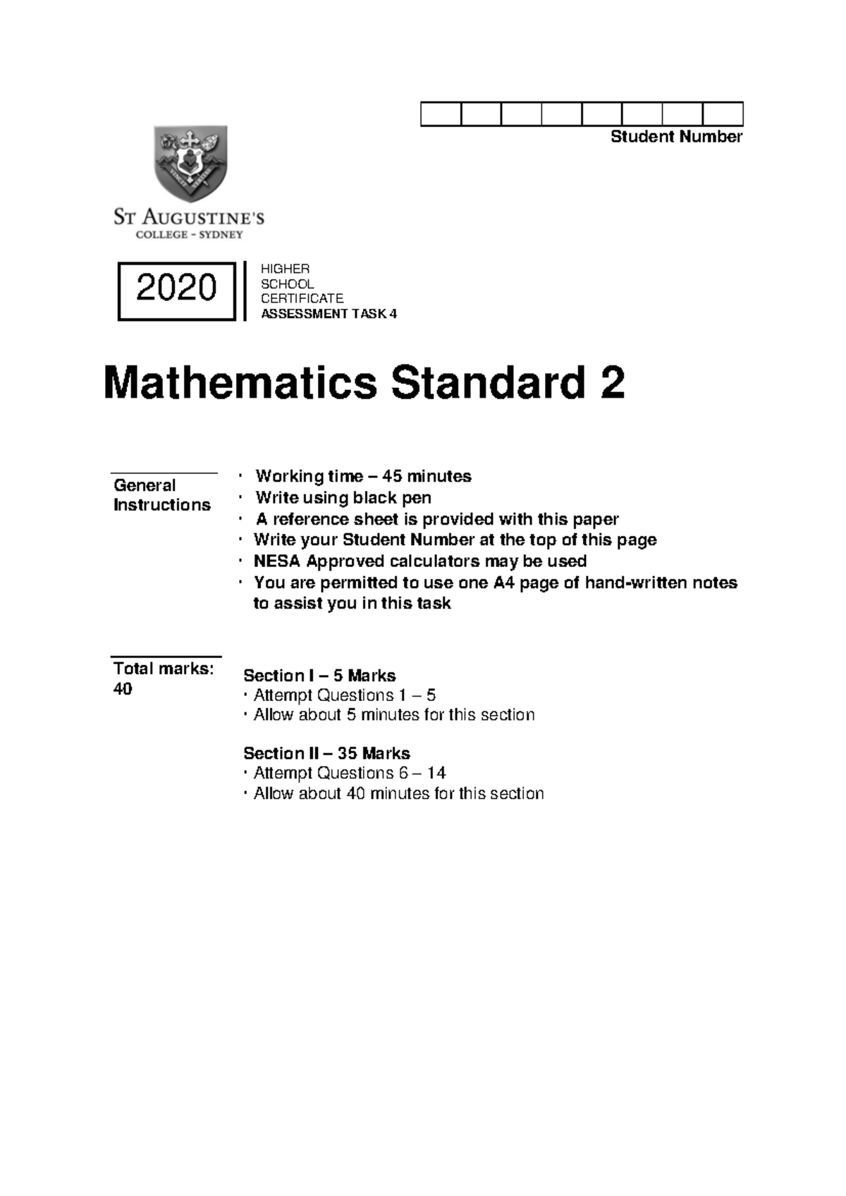 12 Mathematics Standard Task 4 - Student Number Mathematics Standard 2 ...