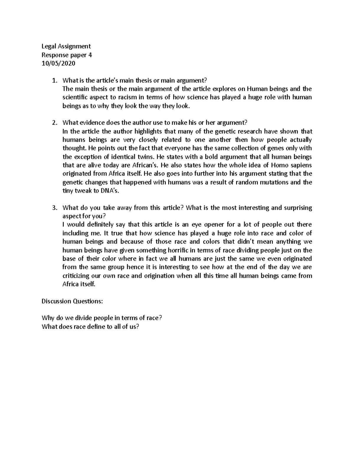 Legal Response paper 5 - 10% of your grade - Legal Assignment Response ...