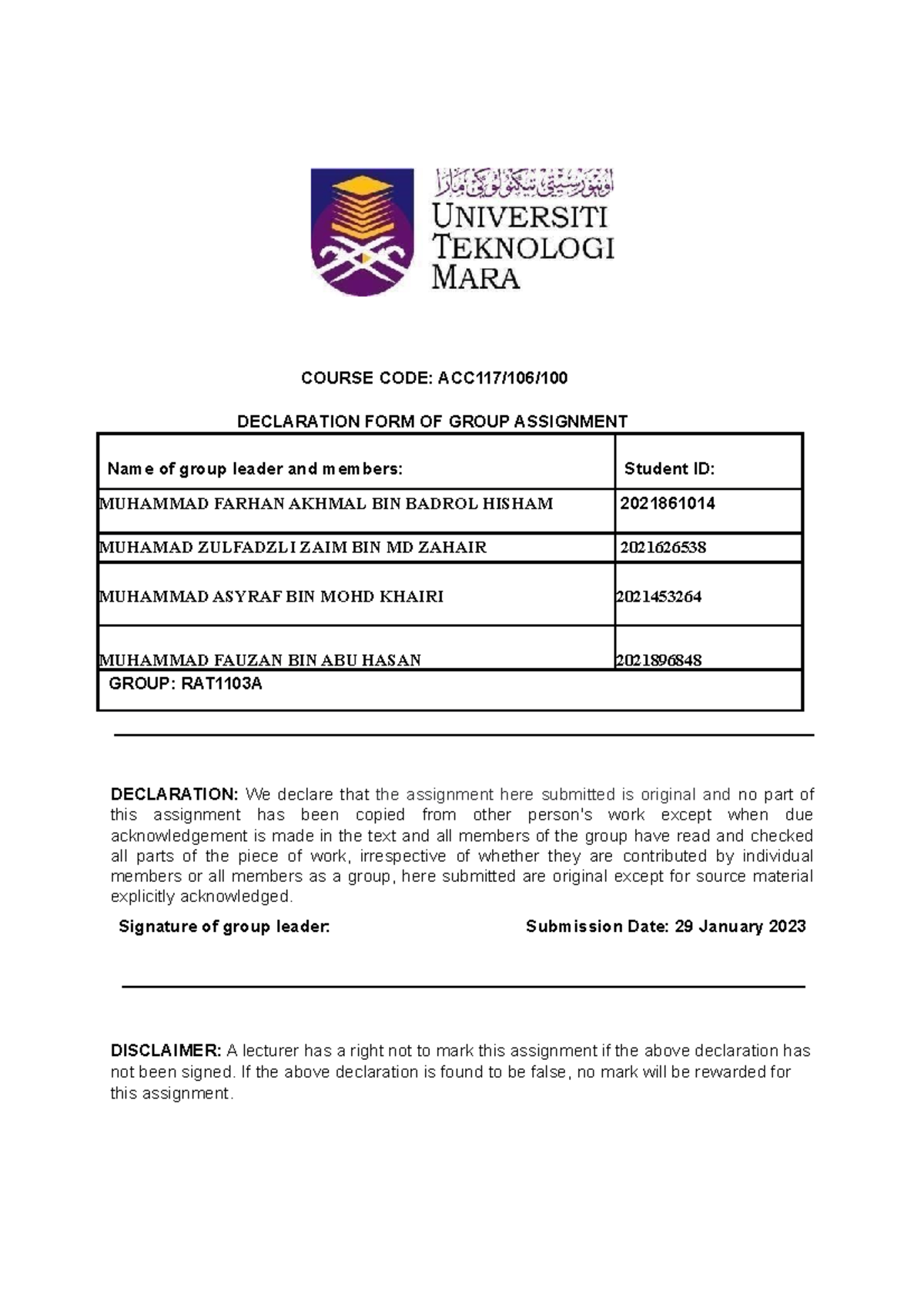 ACC117 Project 2 - COURSE CODE: ACC117/106/ DECLARATION FORM OF GROUP ...