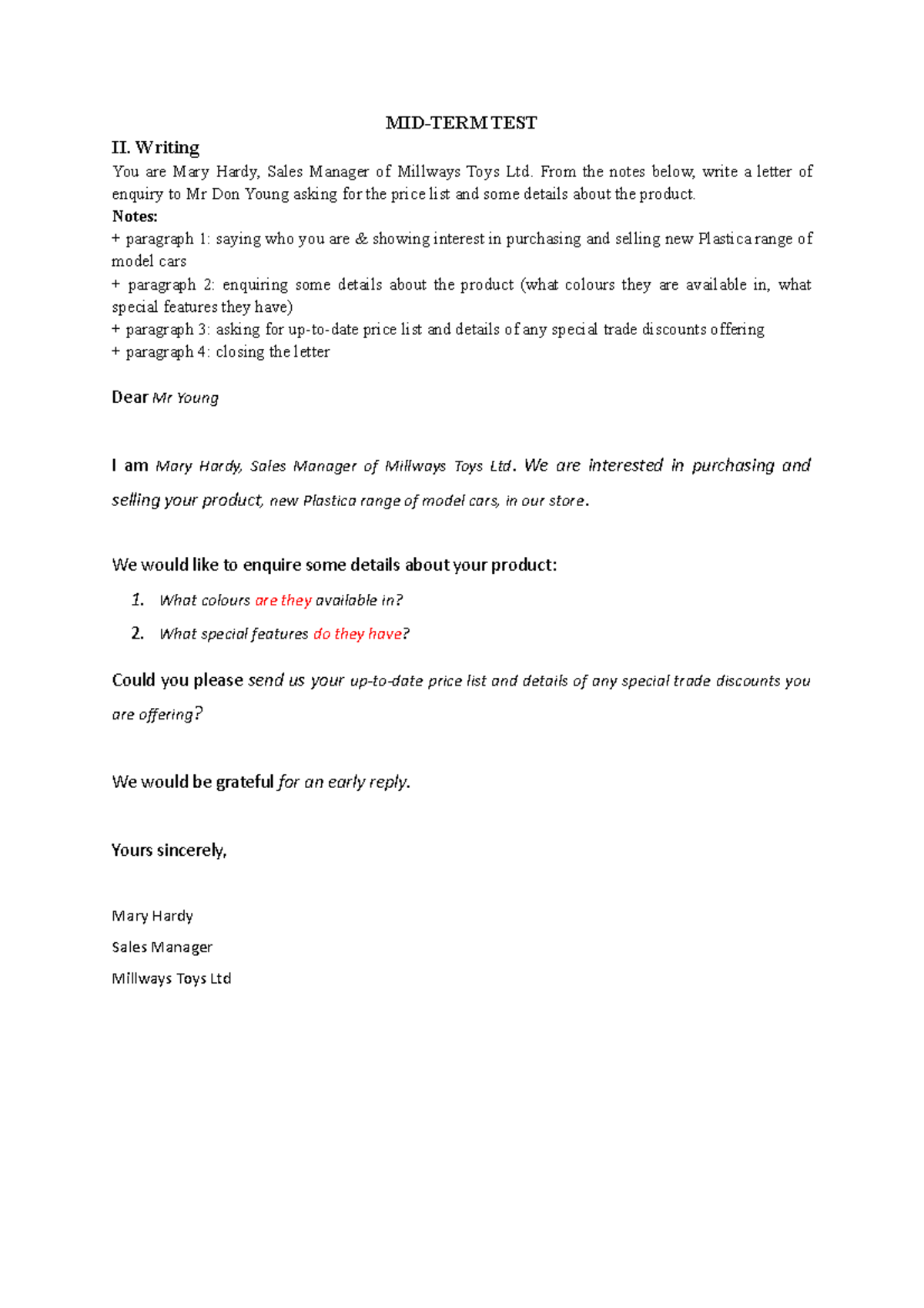 Writing - MID-TERM TEST - MID-TERM TEST II. Writing You are Mary Hardy ...