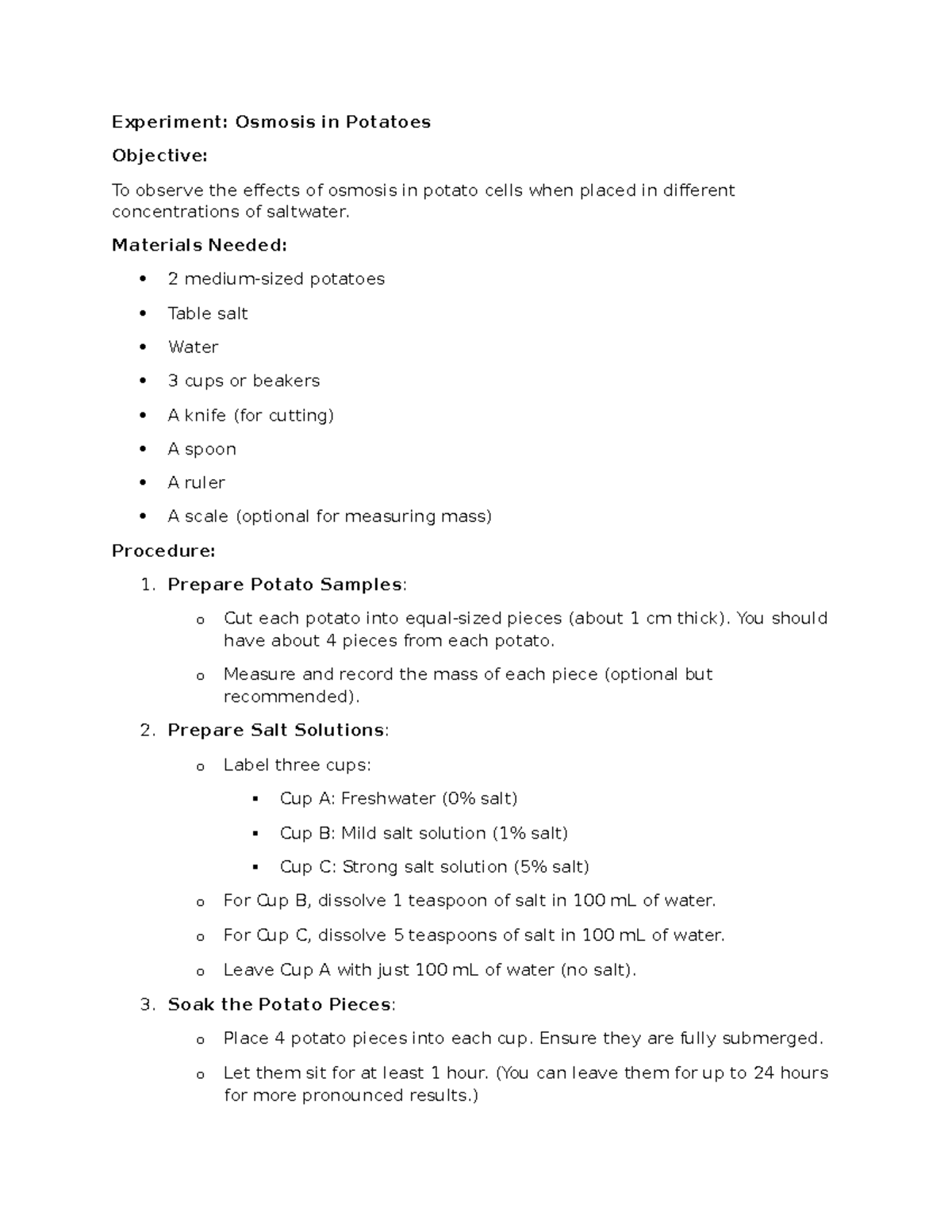 Osmosis In Potatoes - Experiment: Osmosis in Potatoes Objective: To ...