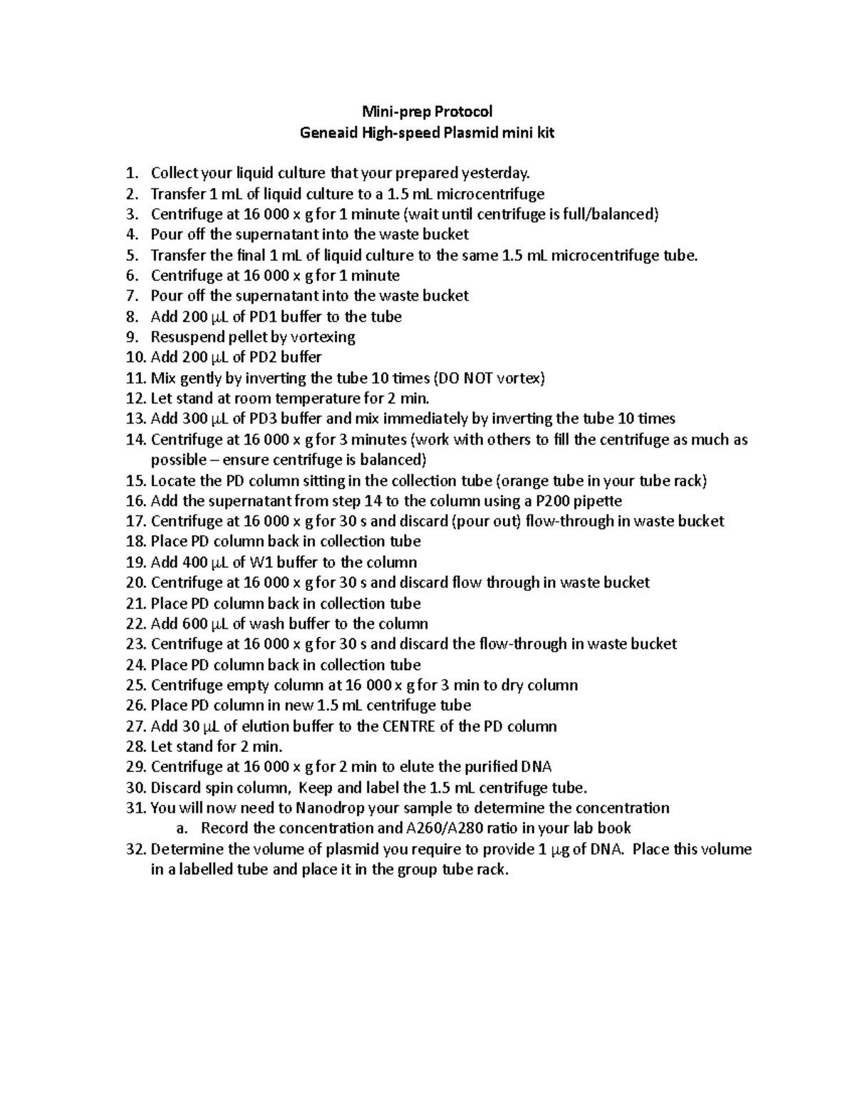 Mini+prep+protocol used for practice assignments - Mini-prep Protocol ...