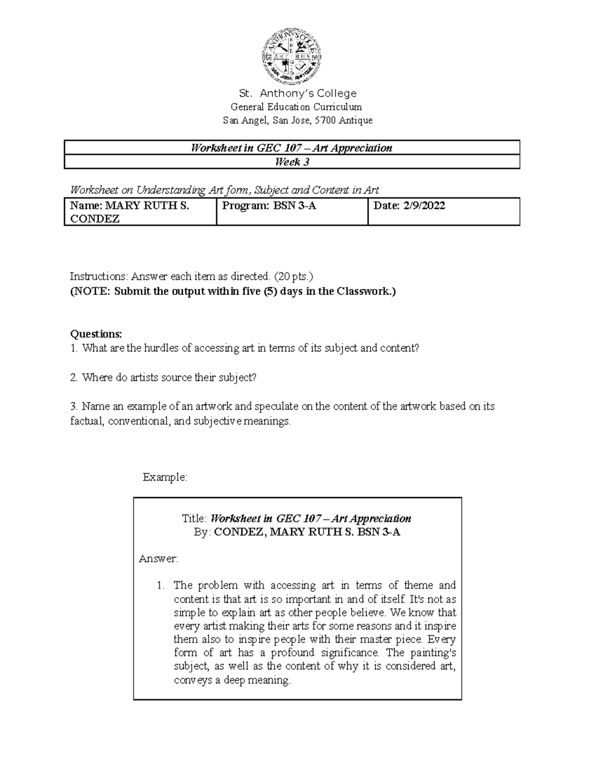 Activity Worksheet- GEC 107-Week 3 - St. Anthony’s College General ...